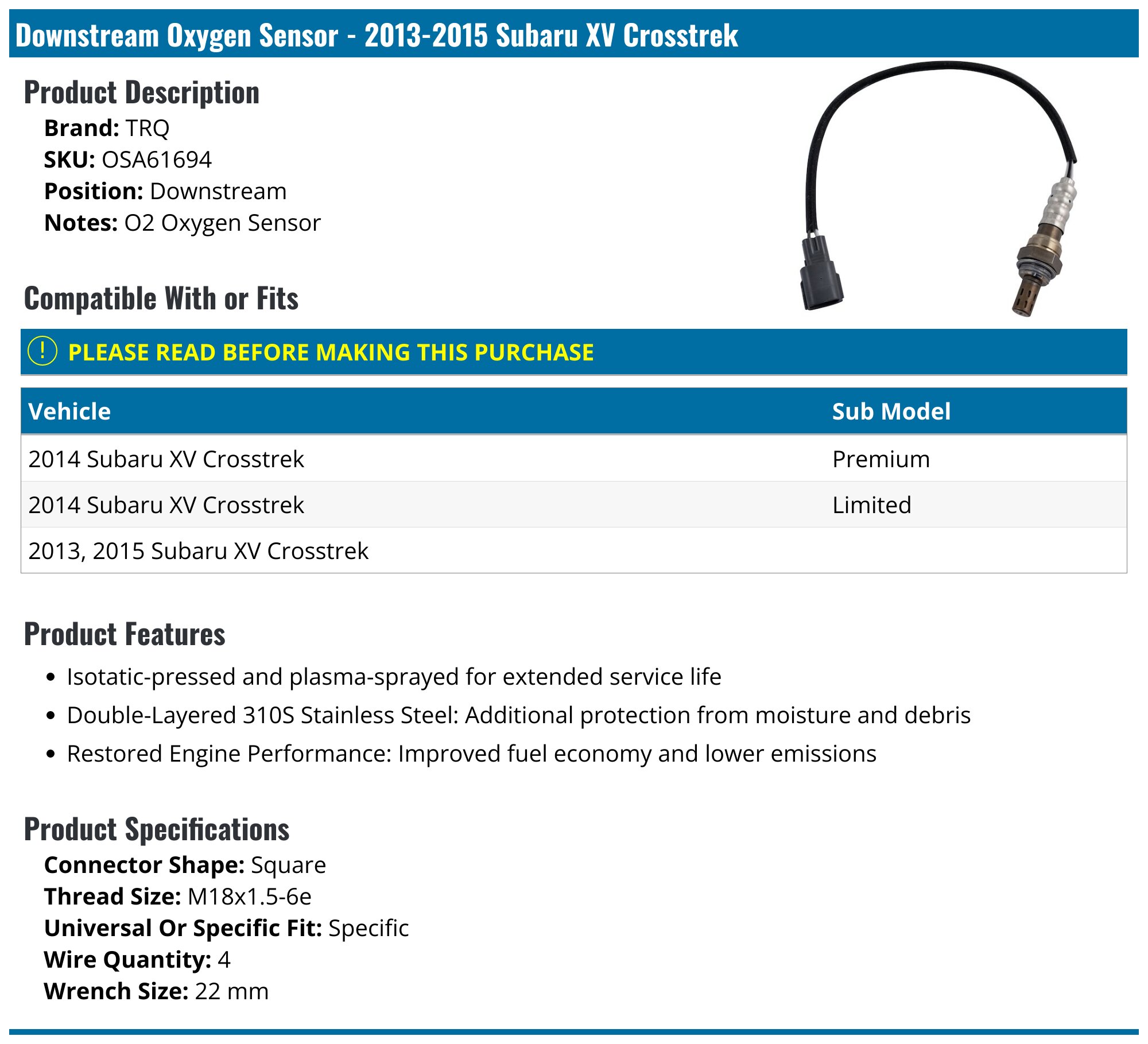 2013-2015 Subaru XV Crosstrek Oxygen Sensor - TRQ OSA61694 - Downstream ...