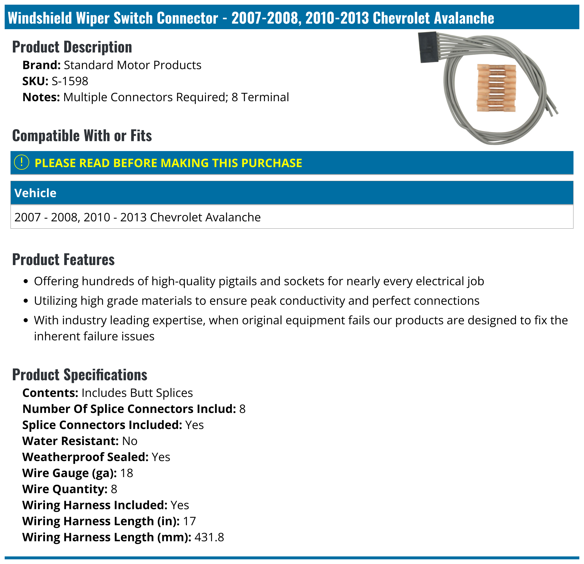 2007-2008, 2010-2013 Chevrolet Avalanche Windshield Wiper Switch ...