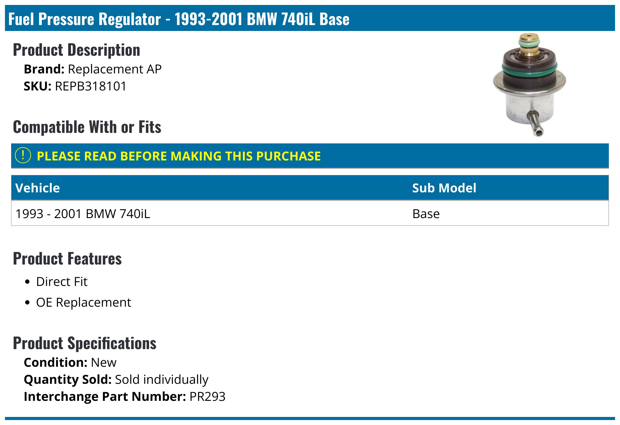1993-2001 BMW 740iL Fuel Pressure Regulator - Replacement AP REPB318101 ...