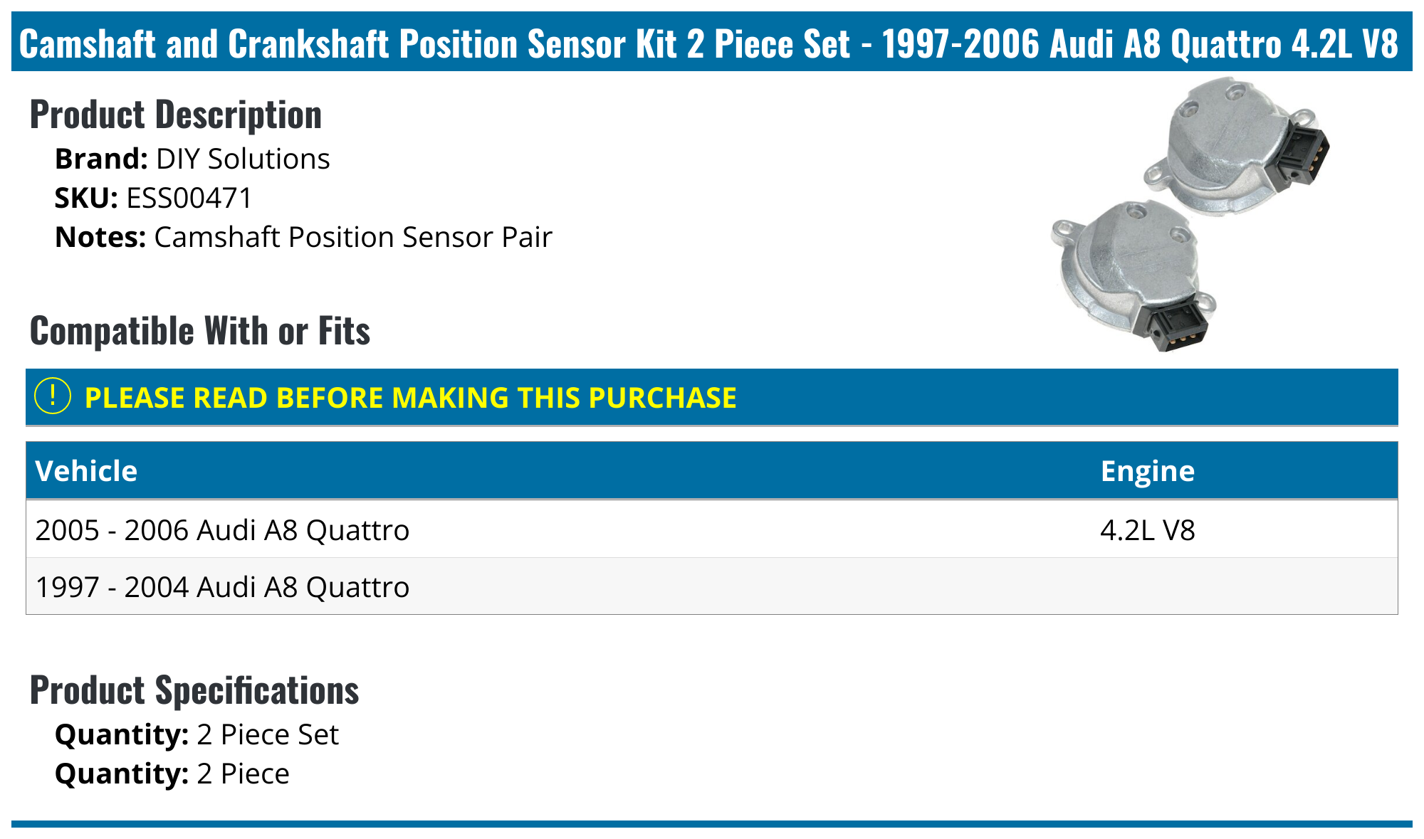 1997-2006 Audi A8 Quattro Camshaft and Crankshaft Position Sensor Kit ...