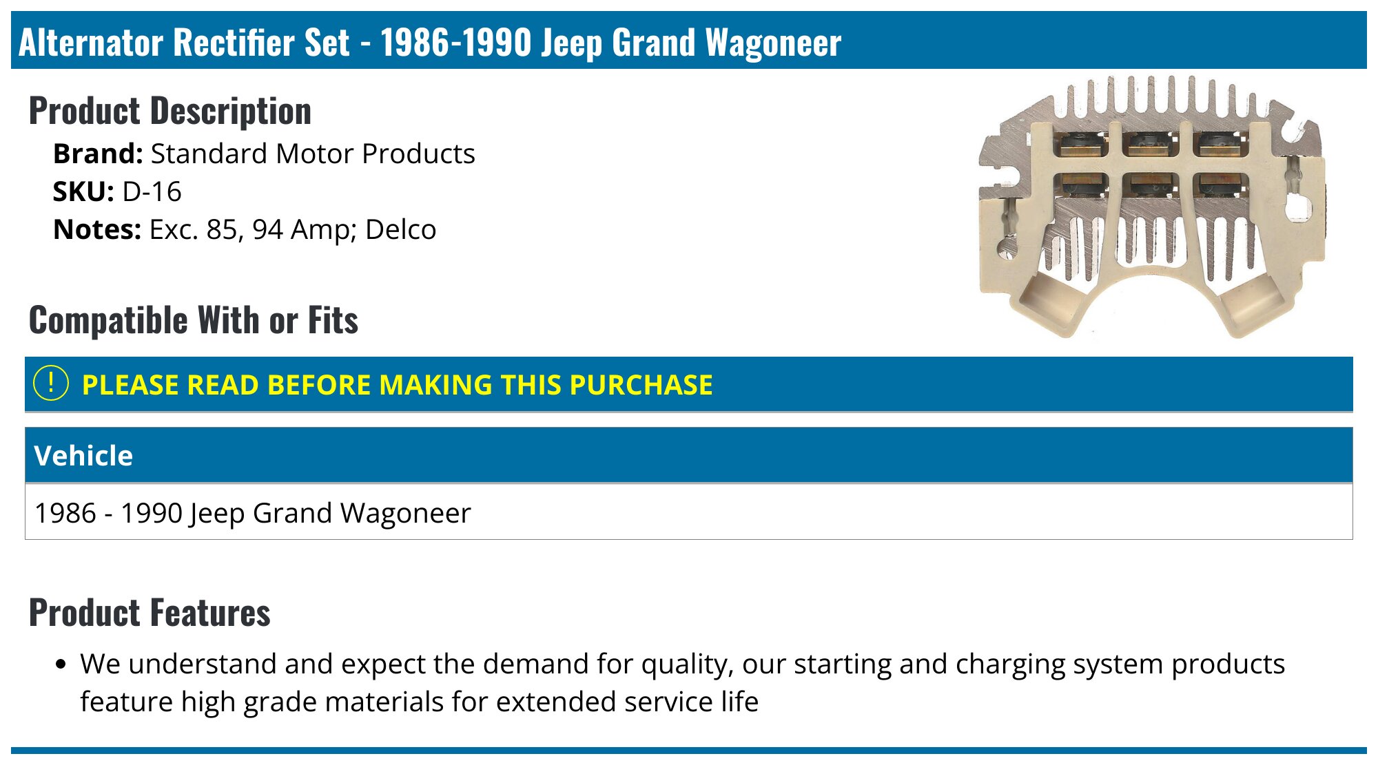 1986-1990 Jeep Grand Wagoneer Alternator Rectifier Set - Standard Motor ...