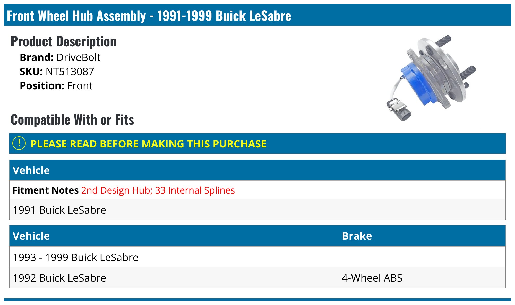 1991-1999 Buick LeSabre Wheel Hub Assembly - DriveBolt NT513087 - Front ...