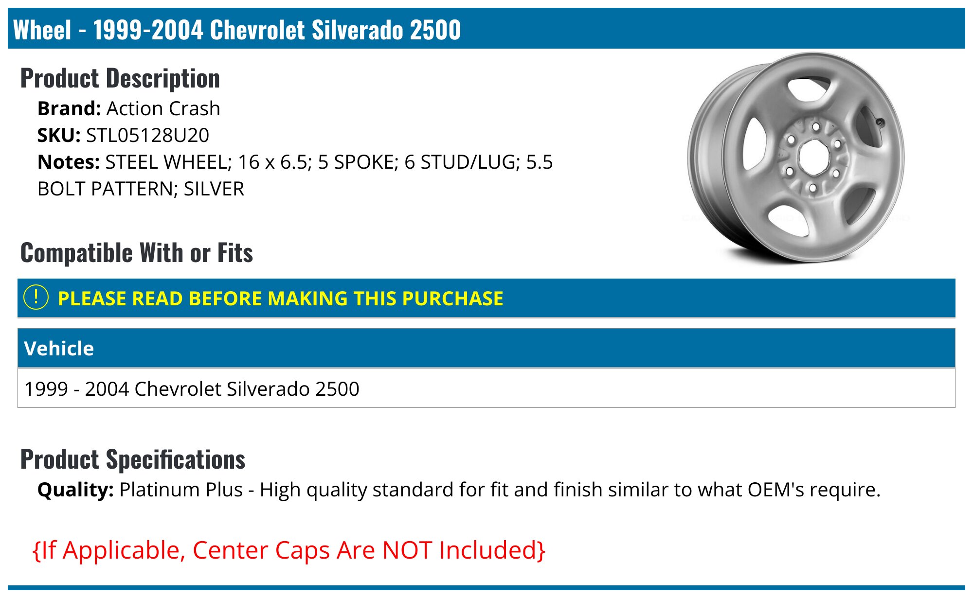 1999-2004 Chevrolet Silverado 2500 Wheel - Action Crash STL05128U20 ...