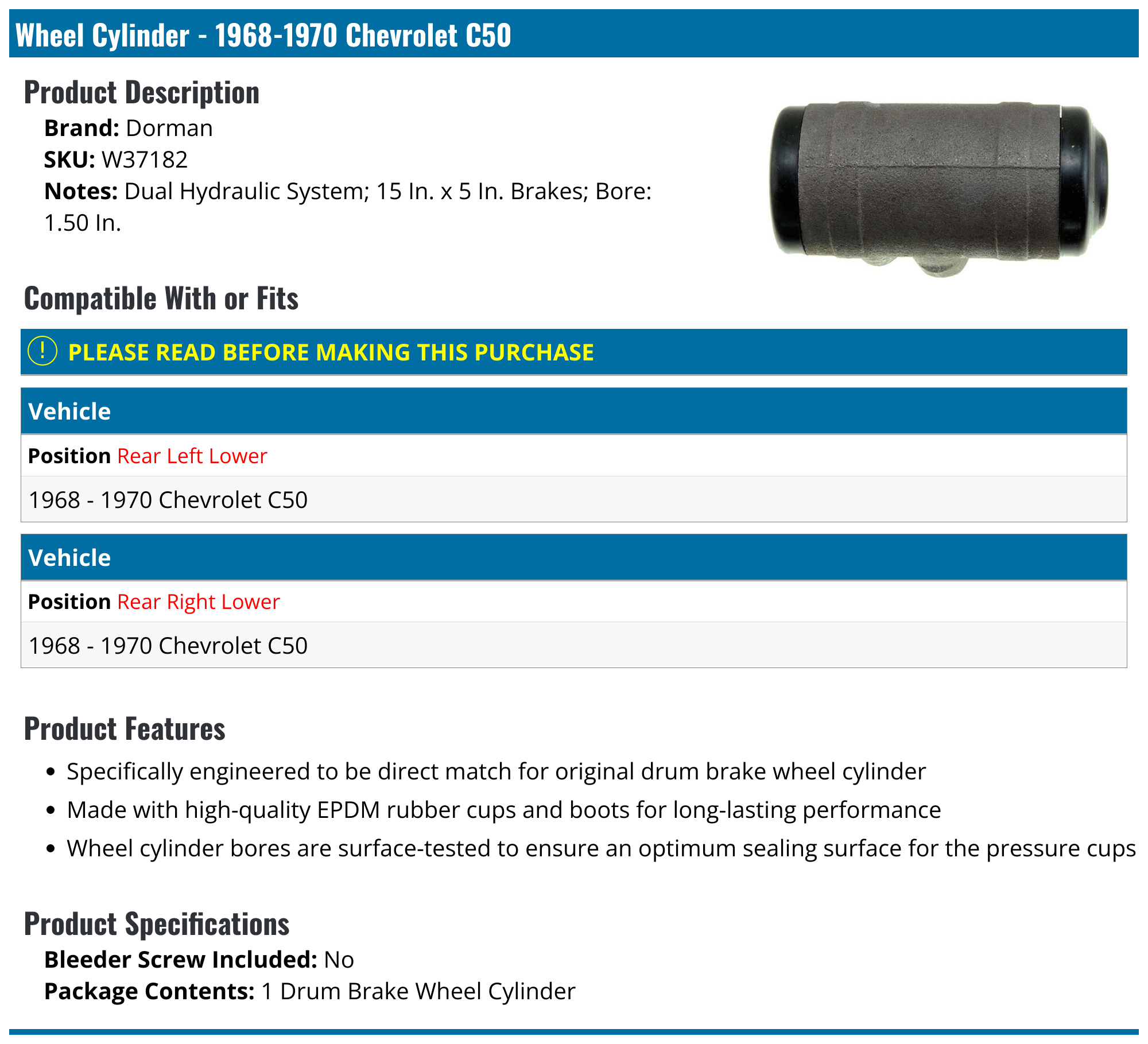 1968-1970 Chevrolet C50 Wheel Cylinder - Dorman W37182 - Rear Left ...