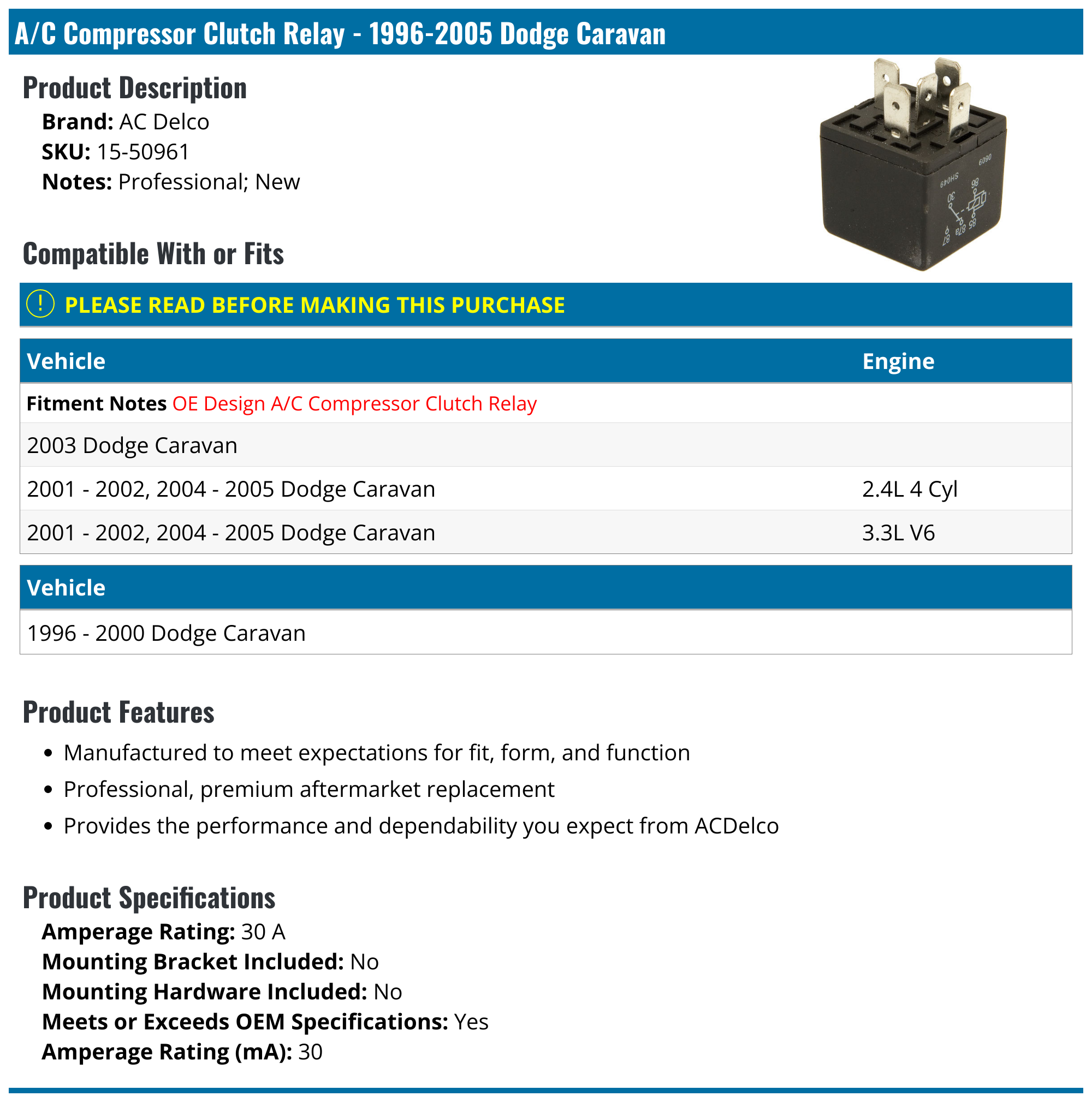 1996-2005 Dodge Caravan A/C Compressor Clutch Relay - AC Delco 15-50961 ...