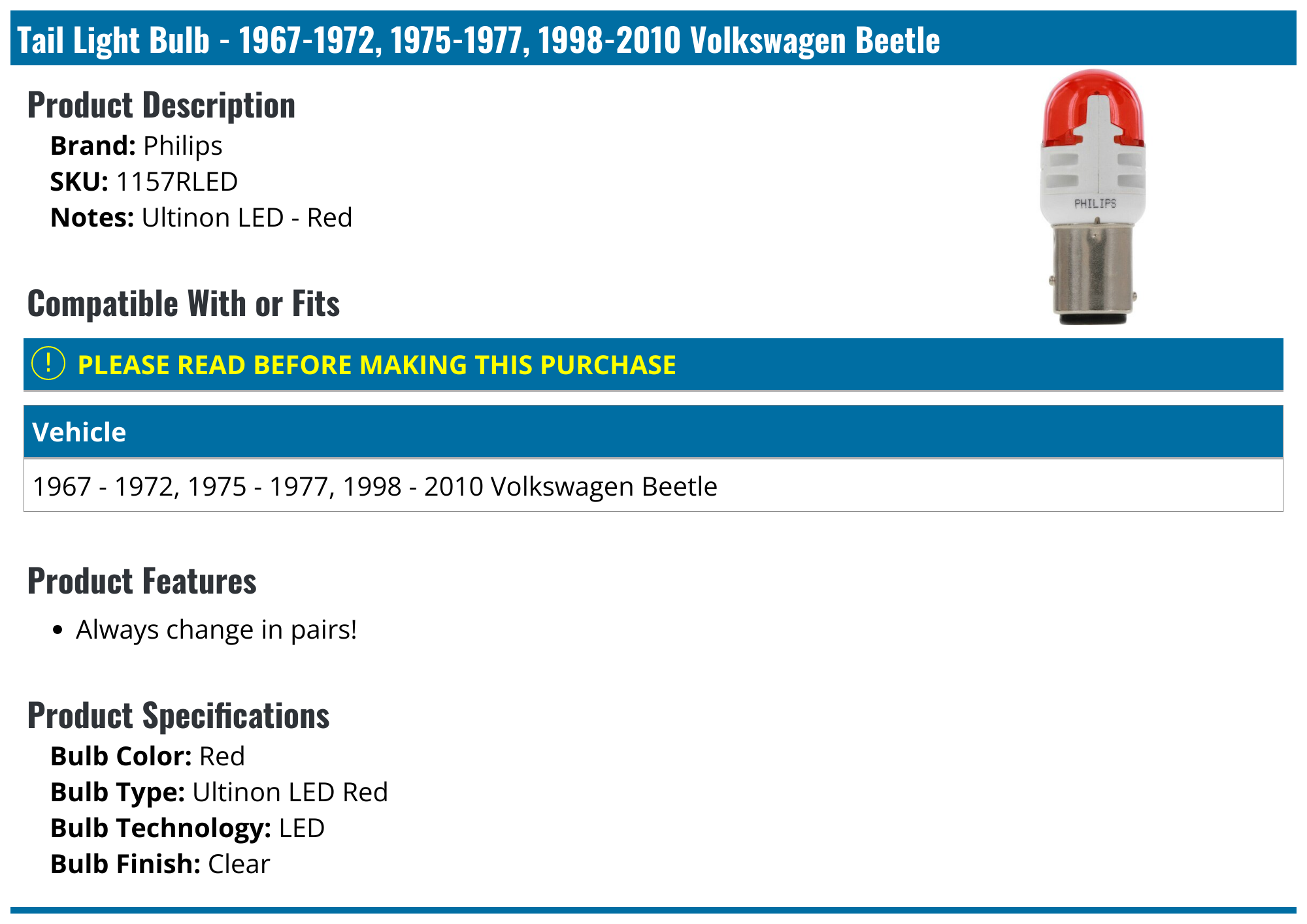 1967-1972, 1975-1977, 1998-2010 Volkswagen Beetle Tail Light Bulb ...