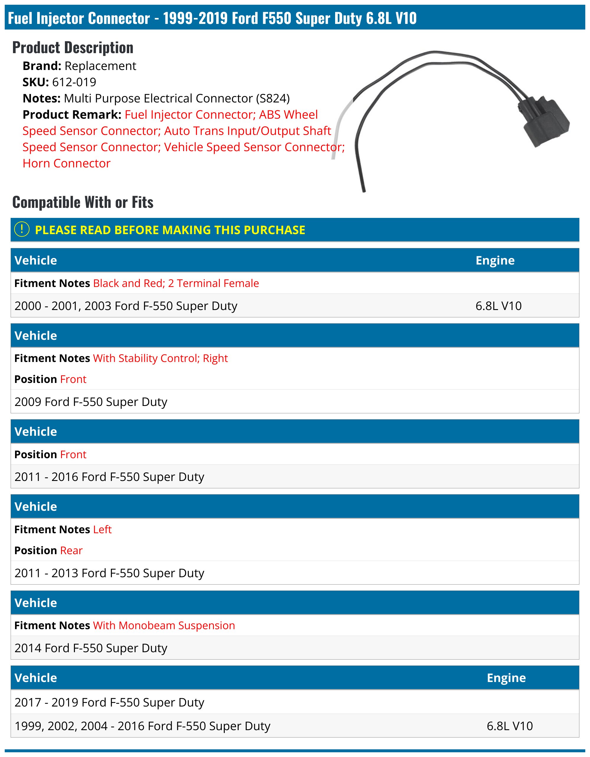 1999-2019 Ford F550 Super Duty Fuel Injector Connector - Replacement ...