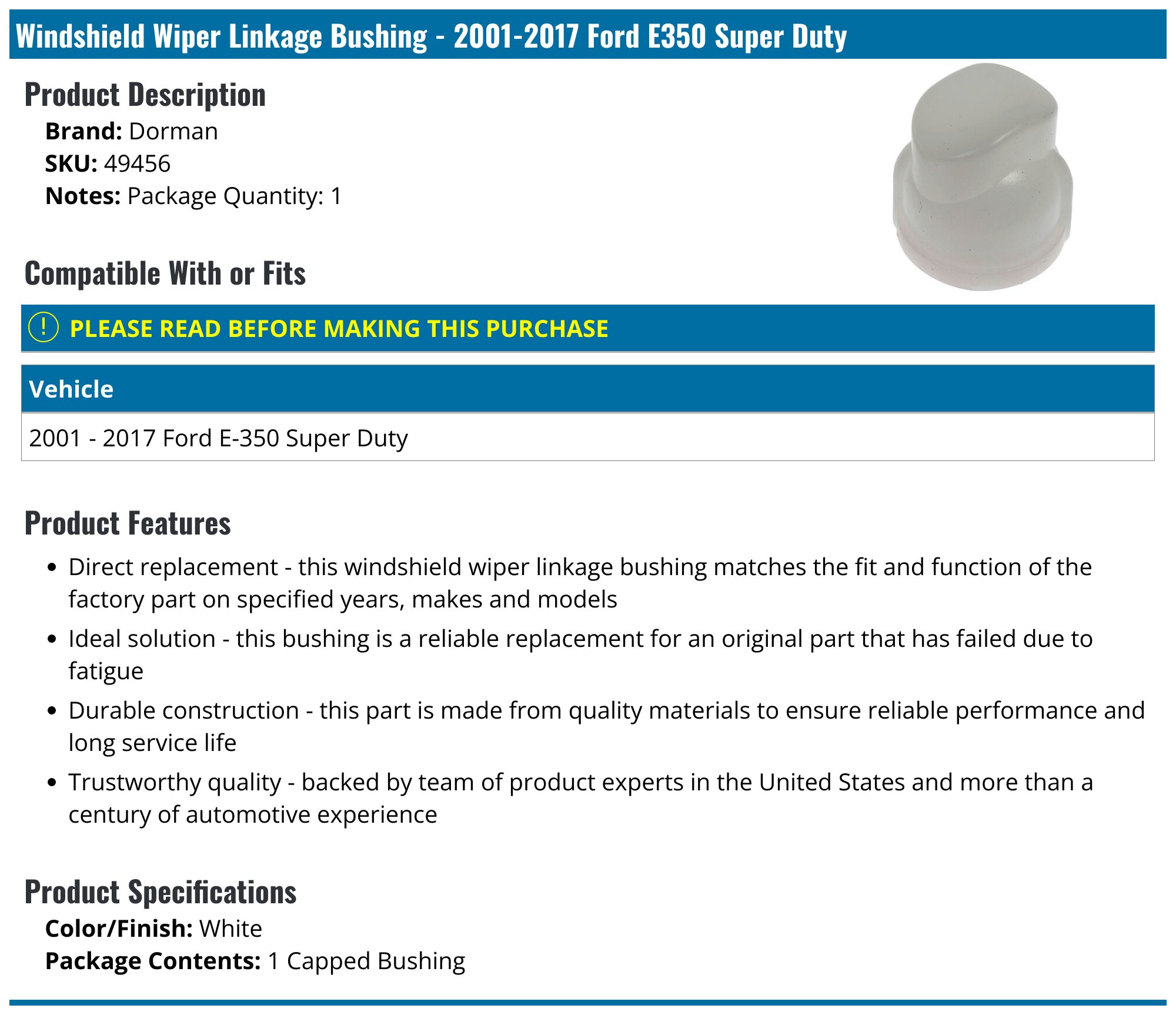 2001-2019 Ford E350 Super Duty Windshield Wiper Linkage Bushing ...