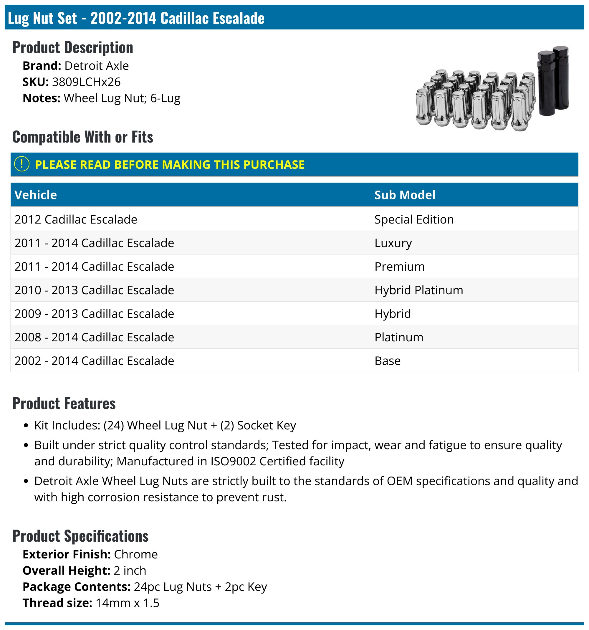 2002-2014 Cadillac Escalade Lug Nut - Detroit Axle 3809LCHx26 ...