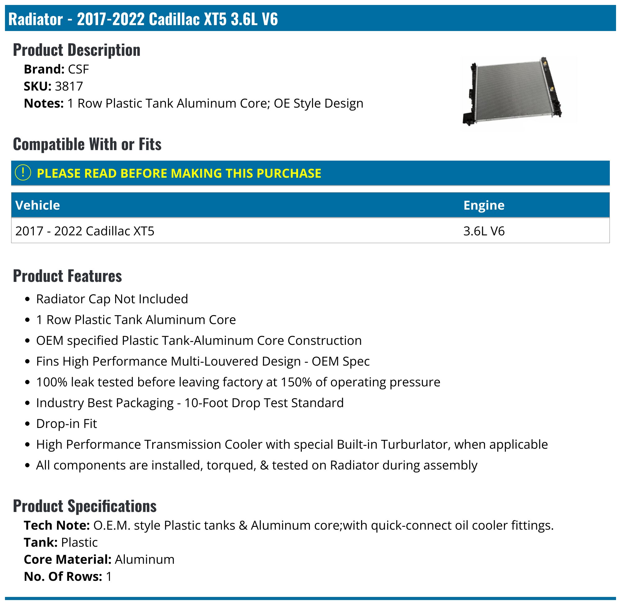 2017-2025 Cadillac XT5 Radiator - CSF 3817 - PartsGeek.com