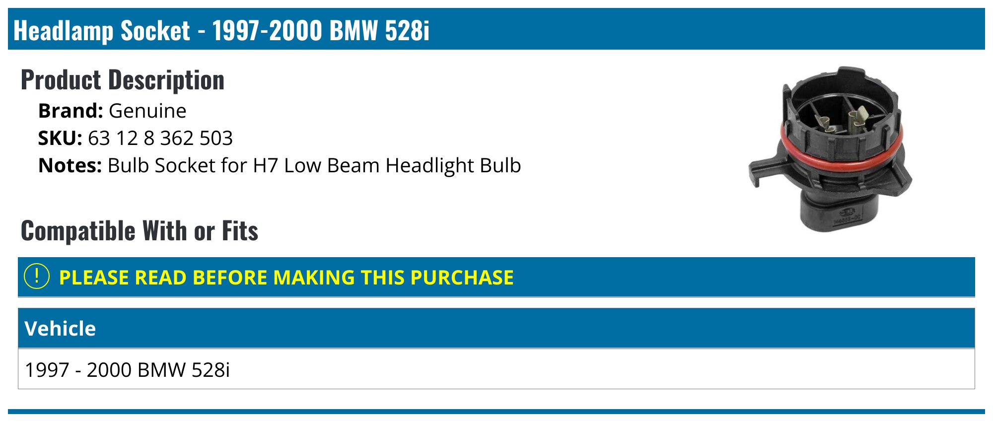 1997-2000 BMW 528i Headlamp Socket - Genuine 63 12 8 362 503 ...
