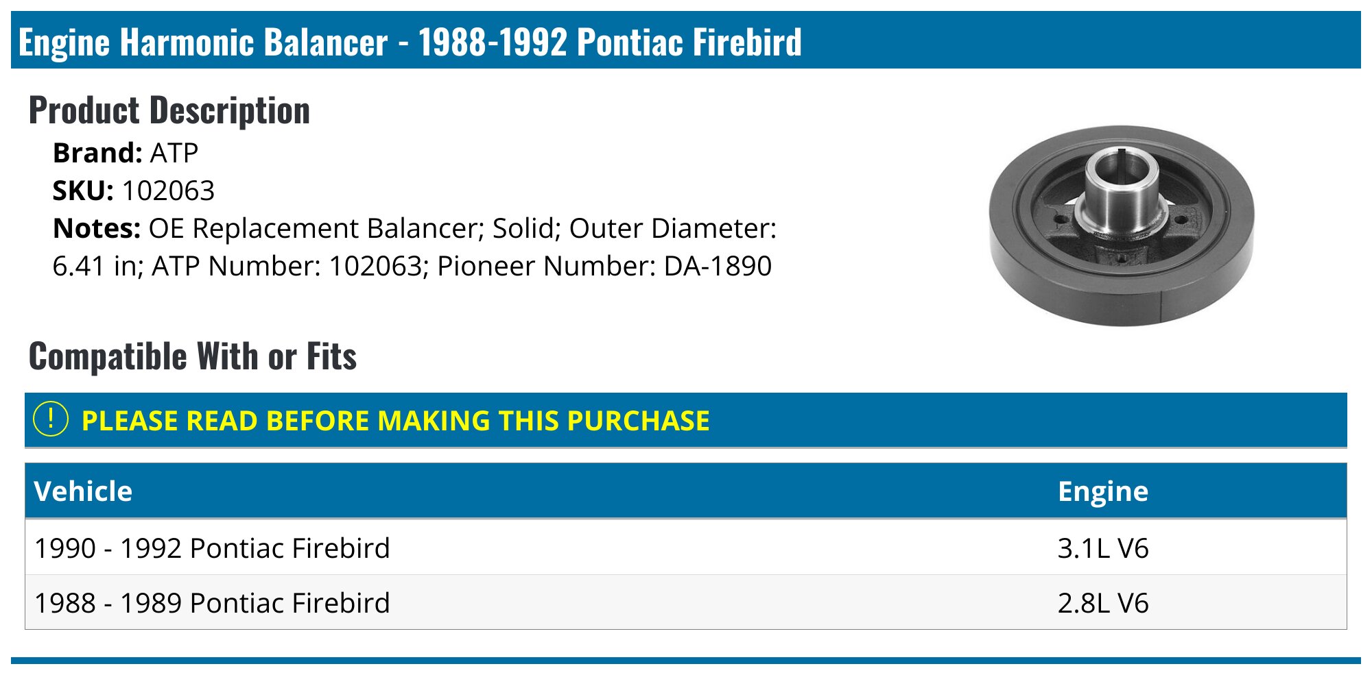 1988-1992 Pontiac Firebird Engine Harmonic Balancer - ATP 102063 ...