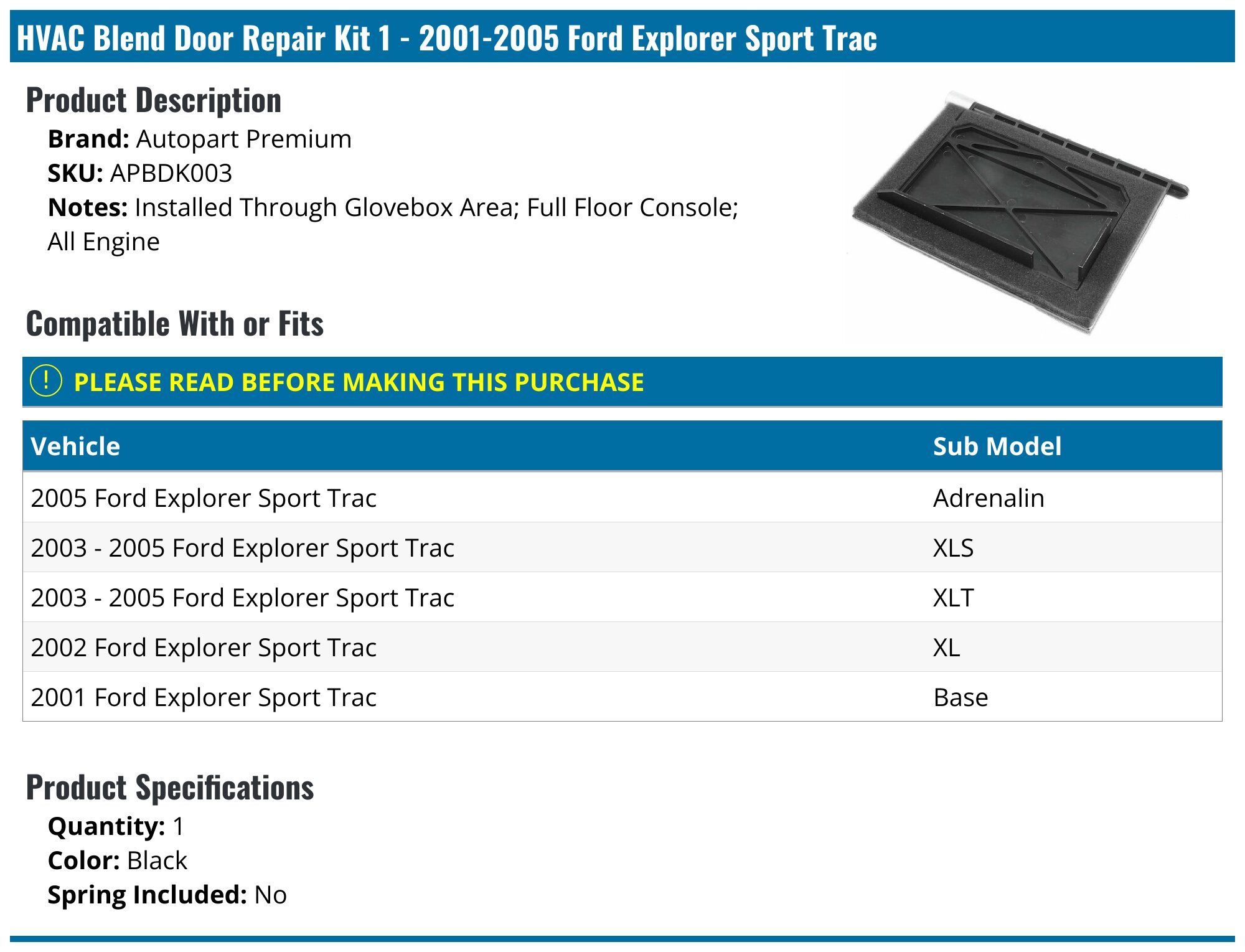 2001-2005 Ford Explorer Sport Trac HVAC Blend Door Repair Kit ...