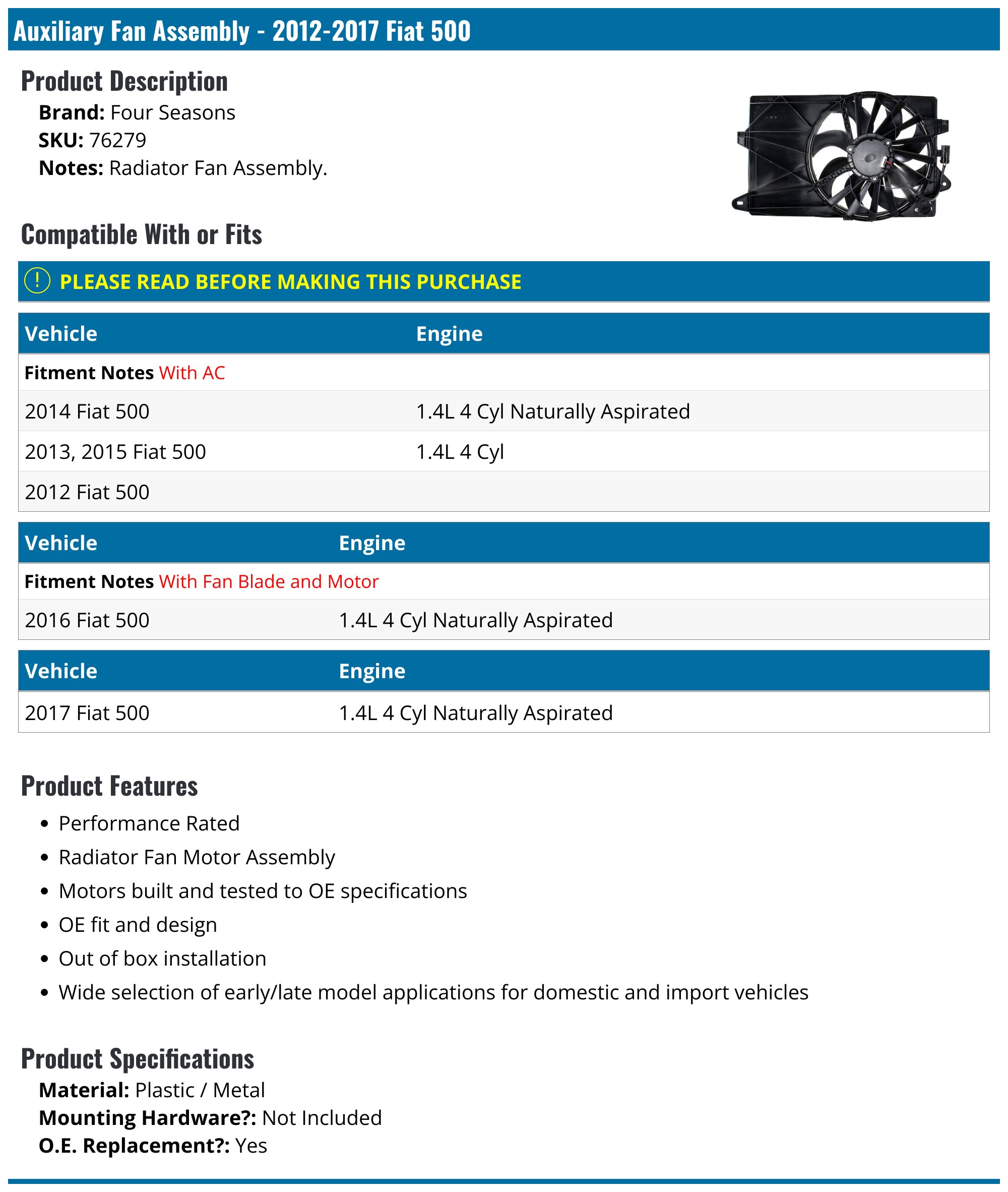 2012-2017 Fiat 500 Radiator Fan Assembly - Four Seasons 76279 ...