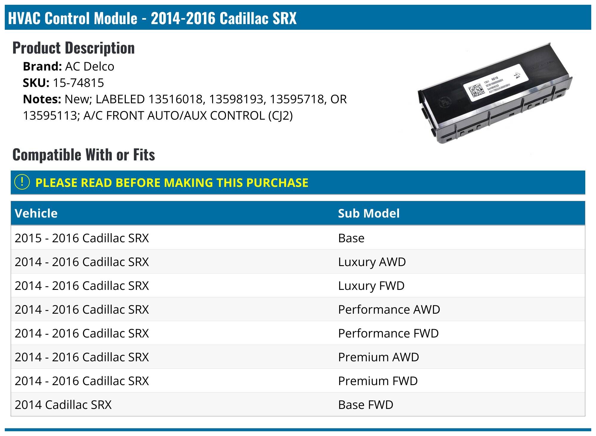 2014-2016 Cadillac SRX HVAC Temperature Control Panel - AC Delco 15 ...