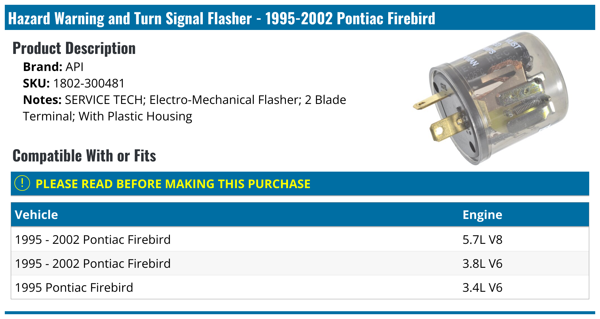 1995-2002 Pontiac Firebird Hazard Warning Flasher - API 4672-07862412 ...