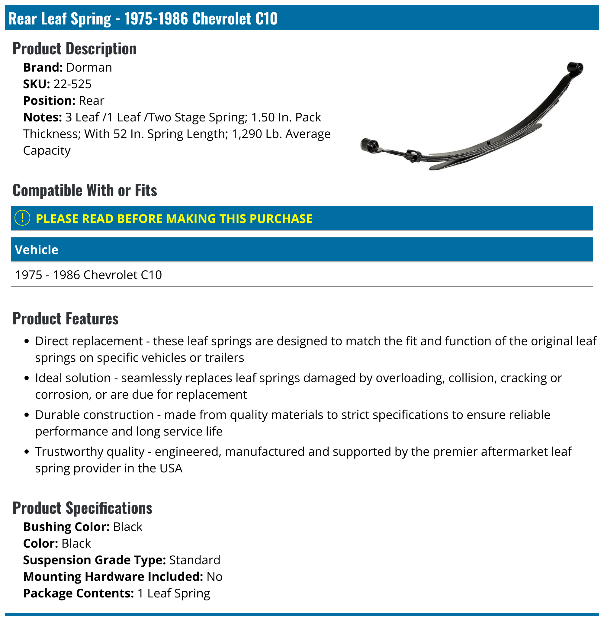 1975-1986 Chevrolet C10 Leaf Spring - Dorman 22-525 - Rear - PartsGeek.com