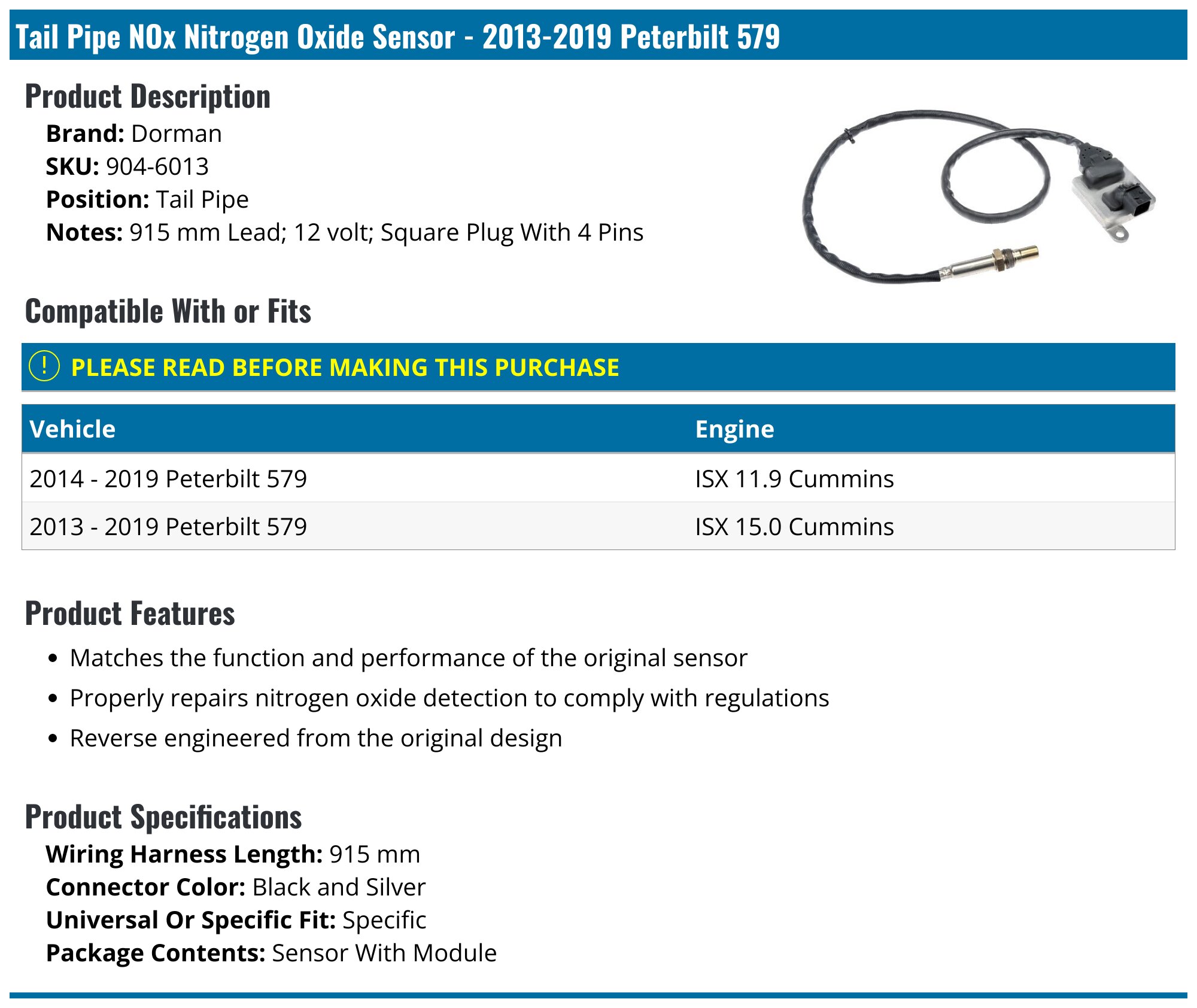 2013-2016 Peterbilt 579 Nitrogen Oxide Sensor - Dorman 904-6013 - Tail ...