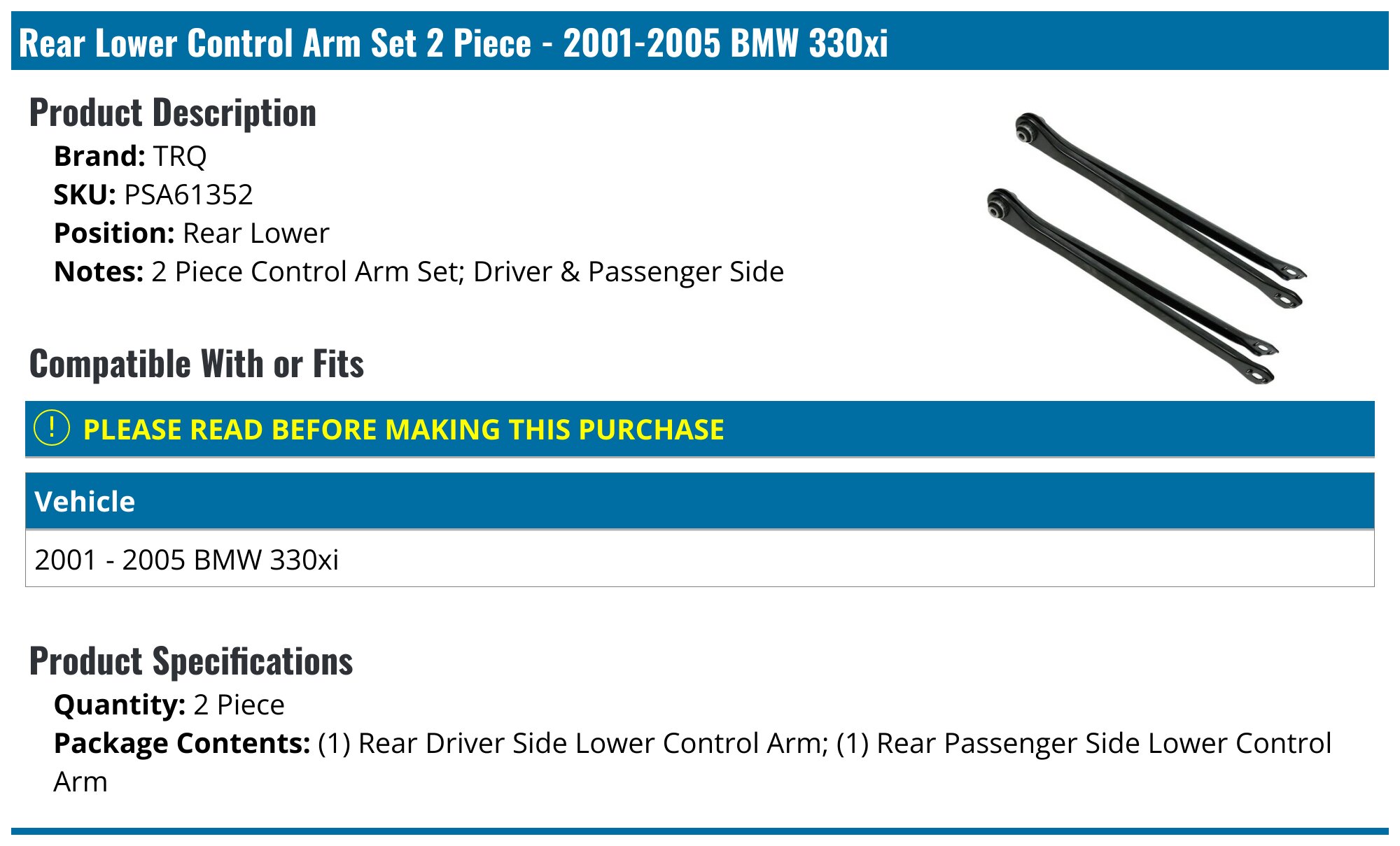2001-2005 BMW 330xi Control Arm - TRQ PSA61352 - Rear Lower - PartsGeek.com