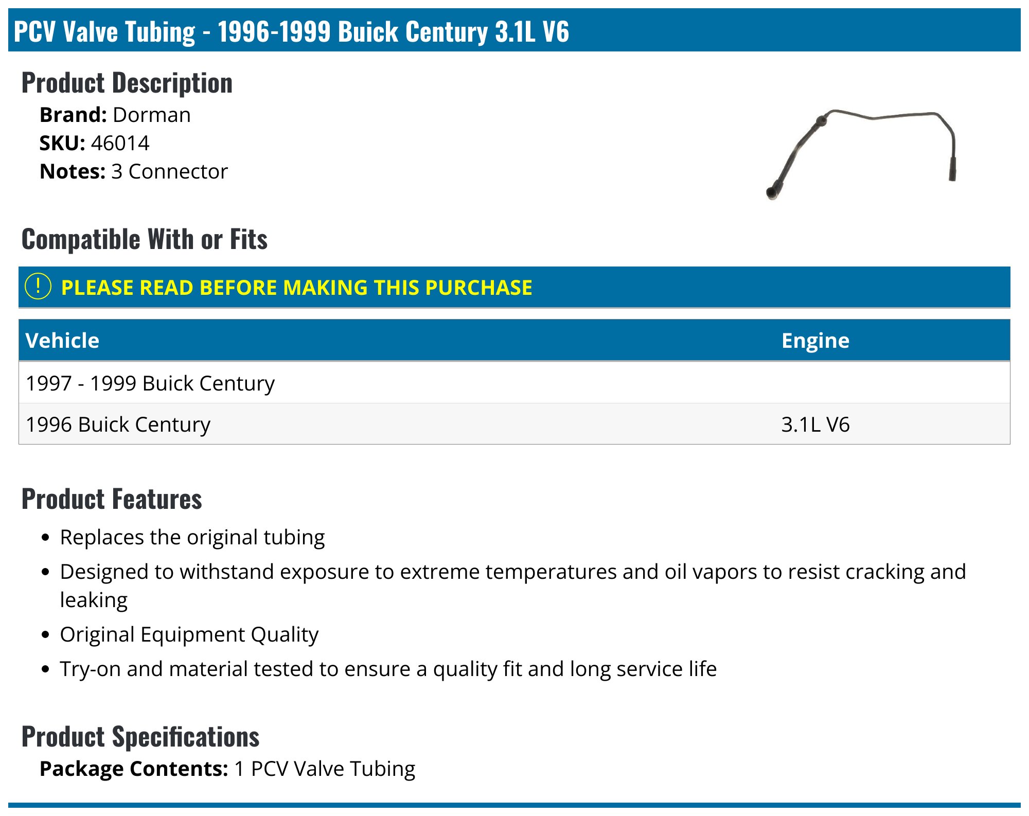 1996 1999 Buick Century Pcv Hose Dorman 46014 Partsgeek