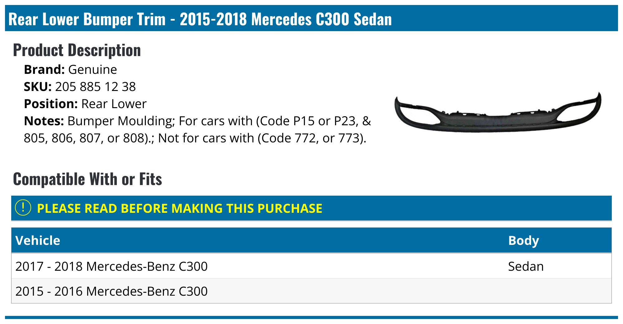 2015-2018 Mercedes C300 Bumper Trim - Genuine 205 885 12 38 - Rear ...