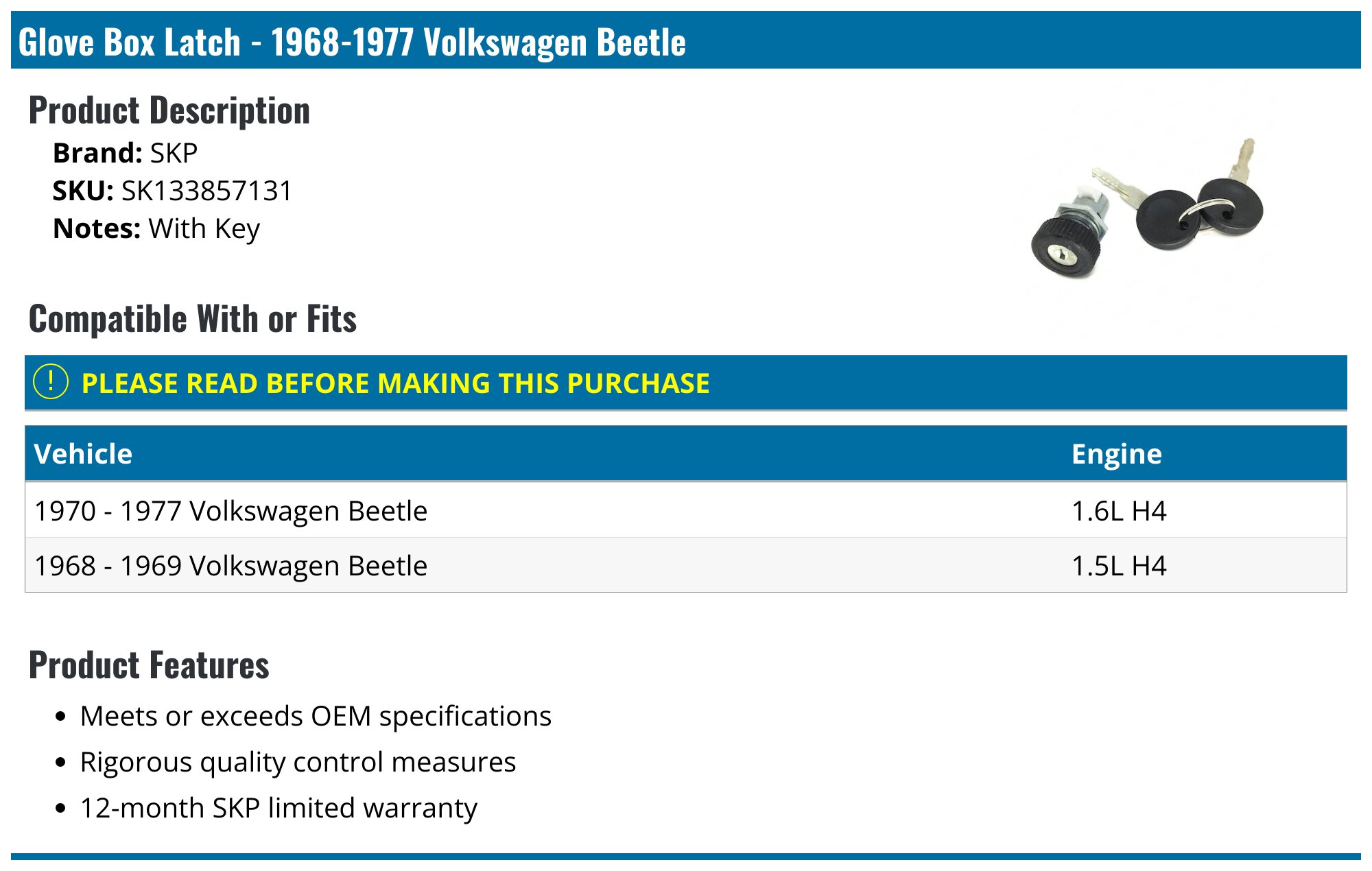 1968-1977 Volkswagen Beetle Glove Box Latch - SKP SK133857131 ...