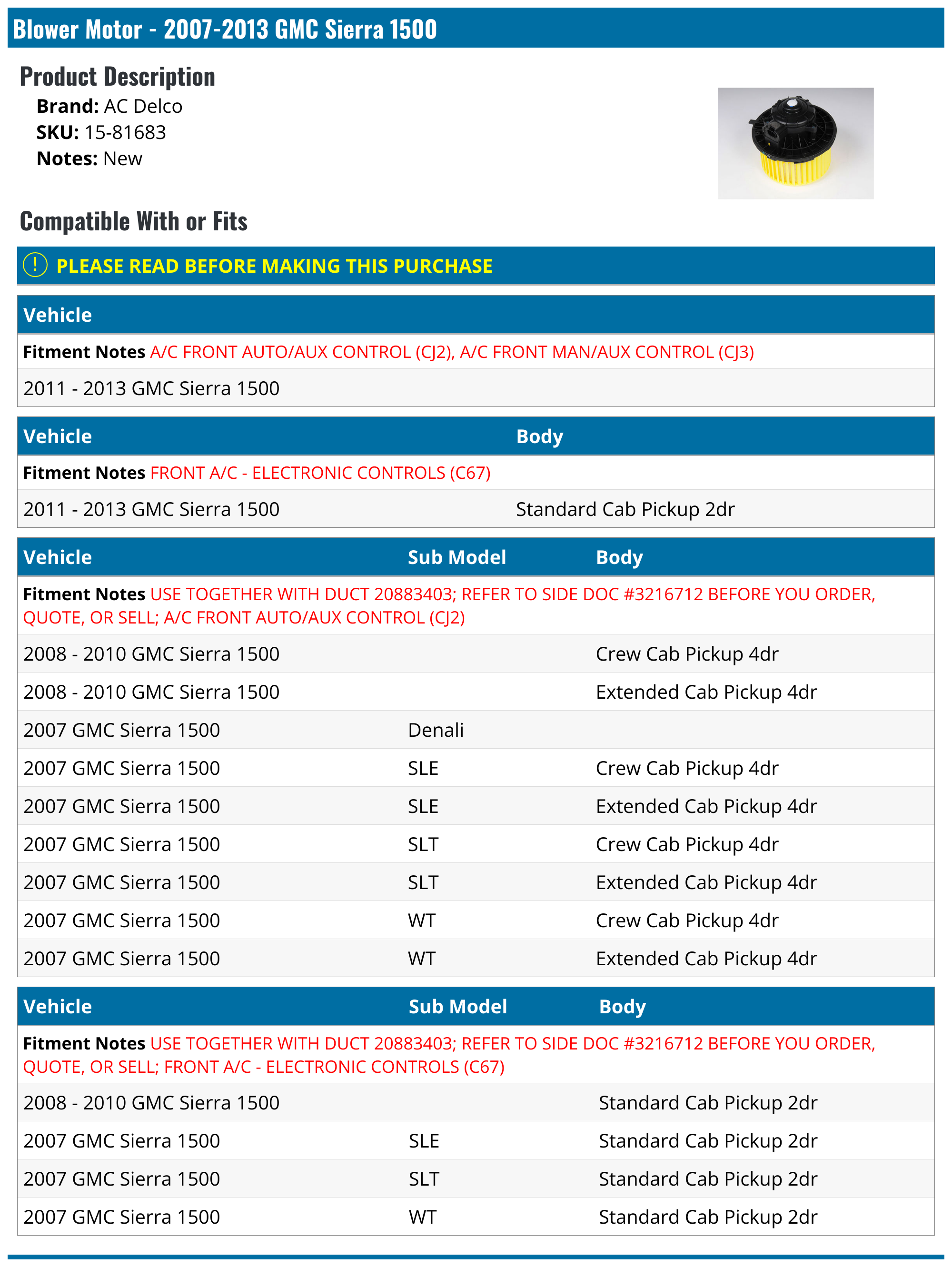 2007-2013 GMC Sierra 1500 Blower Motor - AC Delco 15-81683 - PartsGeek.com