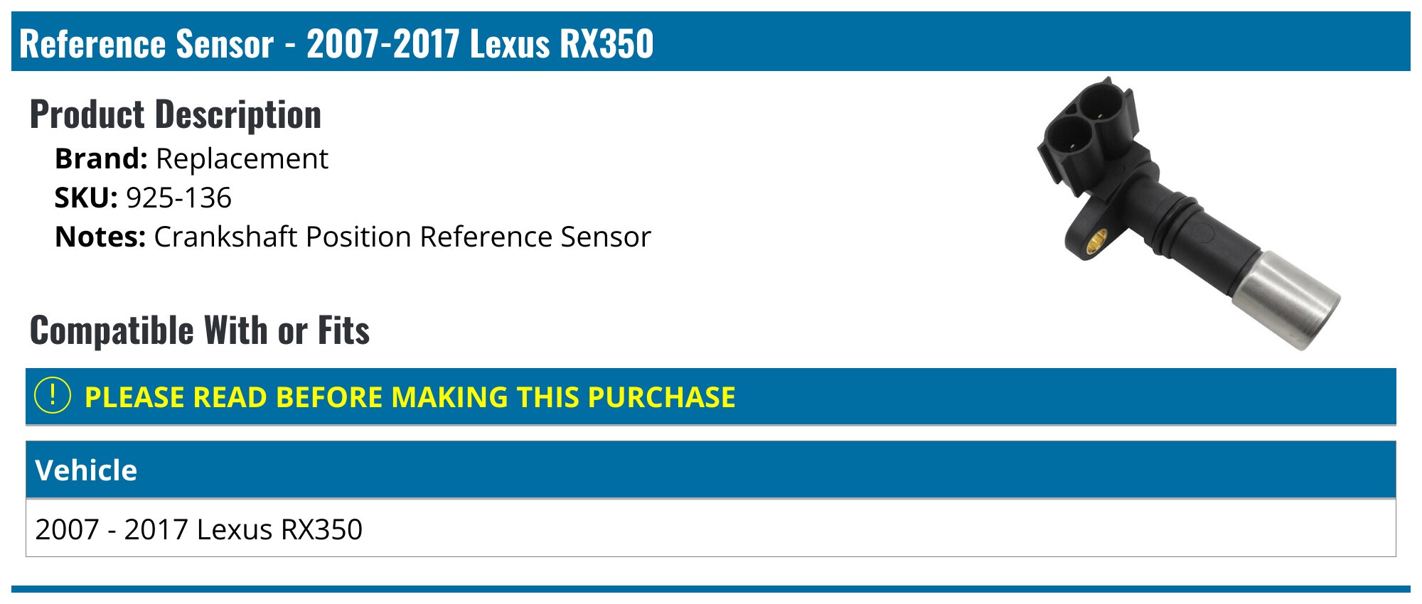 2007-2017 Lexus RX350 Crank Position Sensor - Replacement 925-136 ...