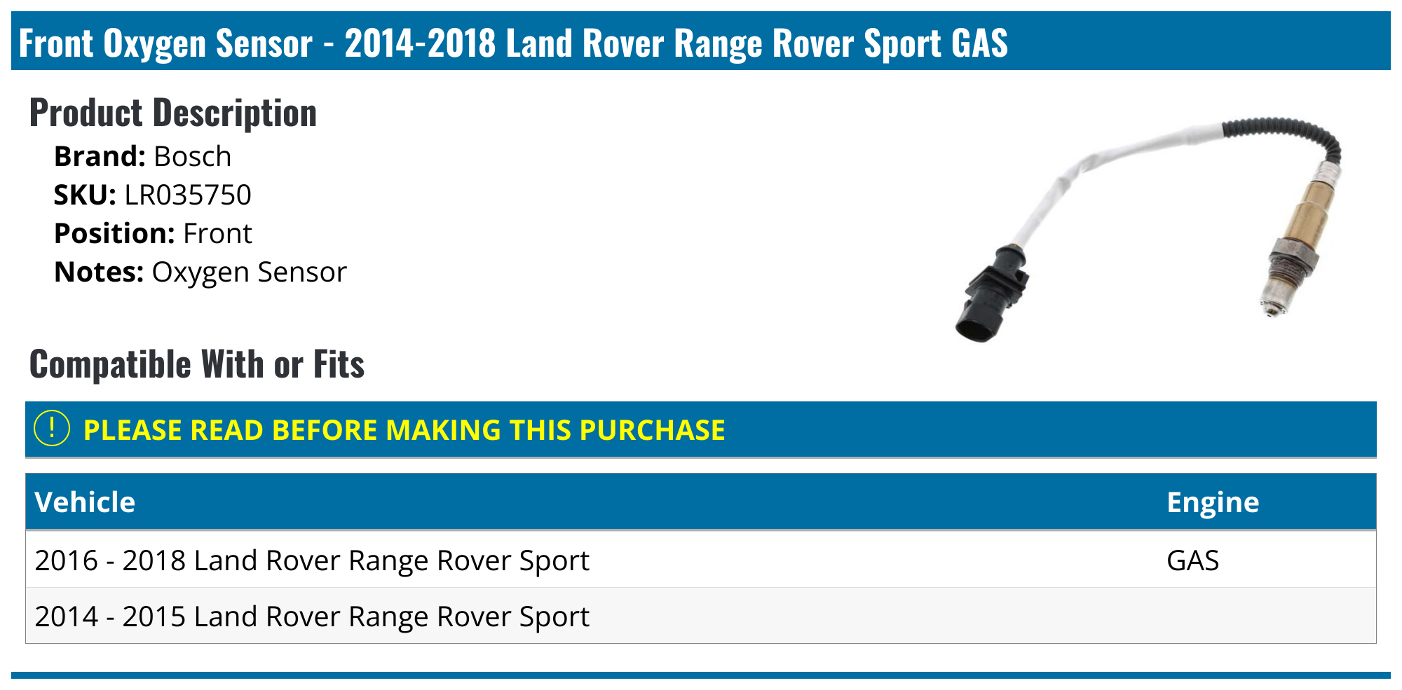 2014-2018 Land Rover Range Rover Sport Oxygen Sensor - Bosch LR035750 ...
