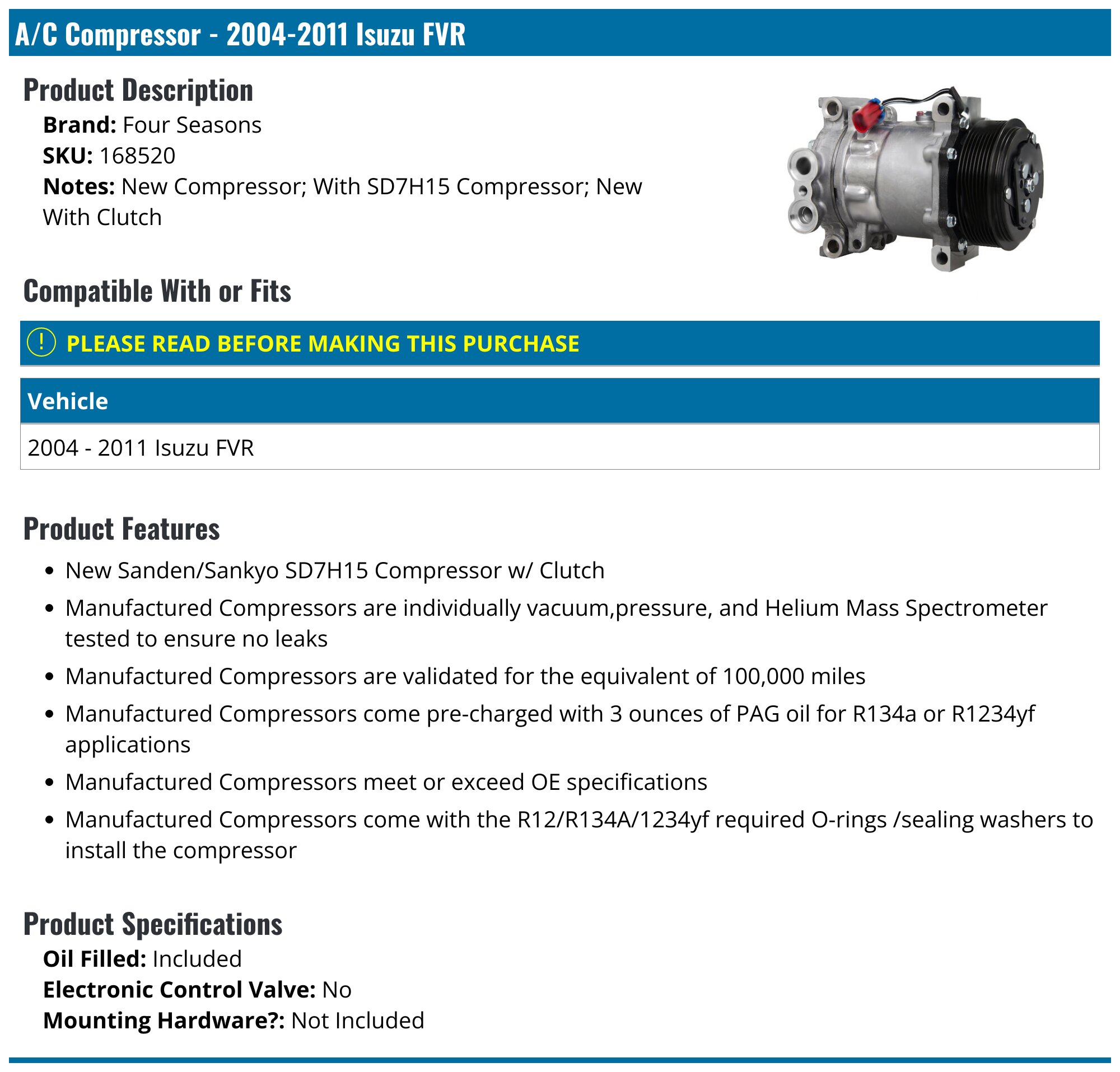 1995-2011 Isuzu FVR A/C Compressor - Four Seasons 168520 - PartsGeek.com