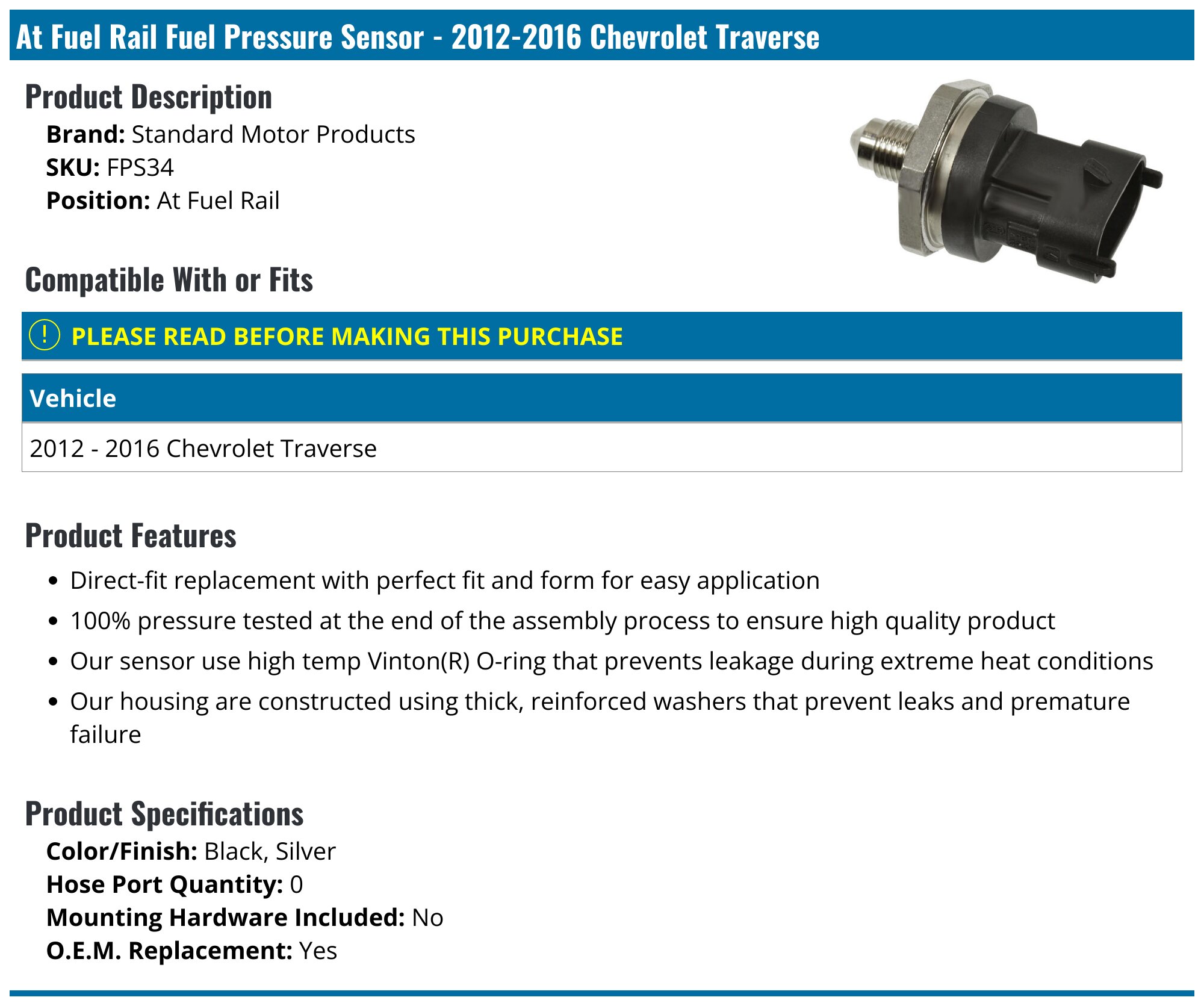 2012-2016 Chevrolet Traverse Fuel Pressure Sensor - Standard Motor ...