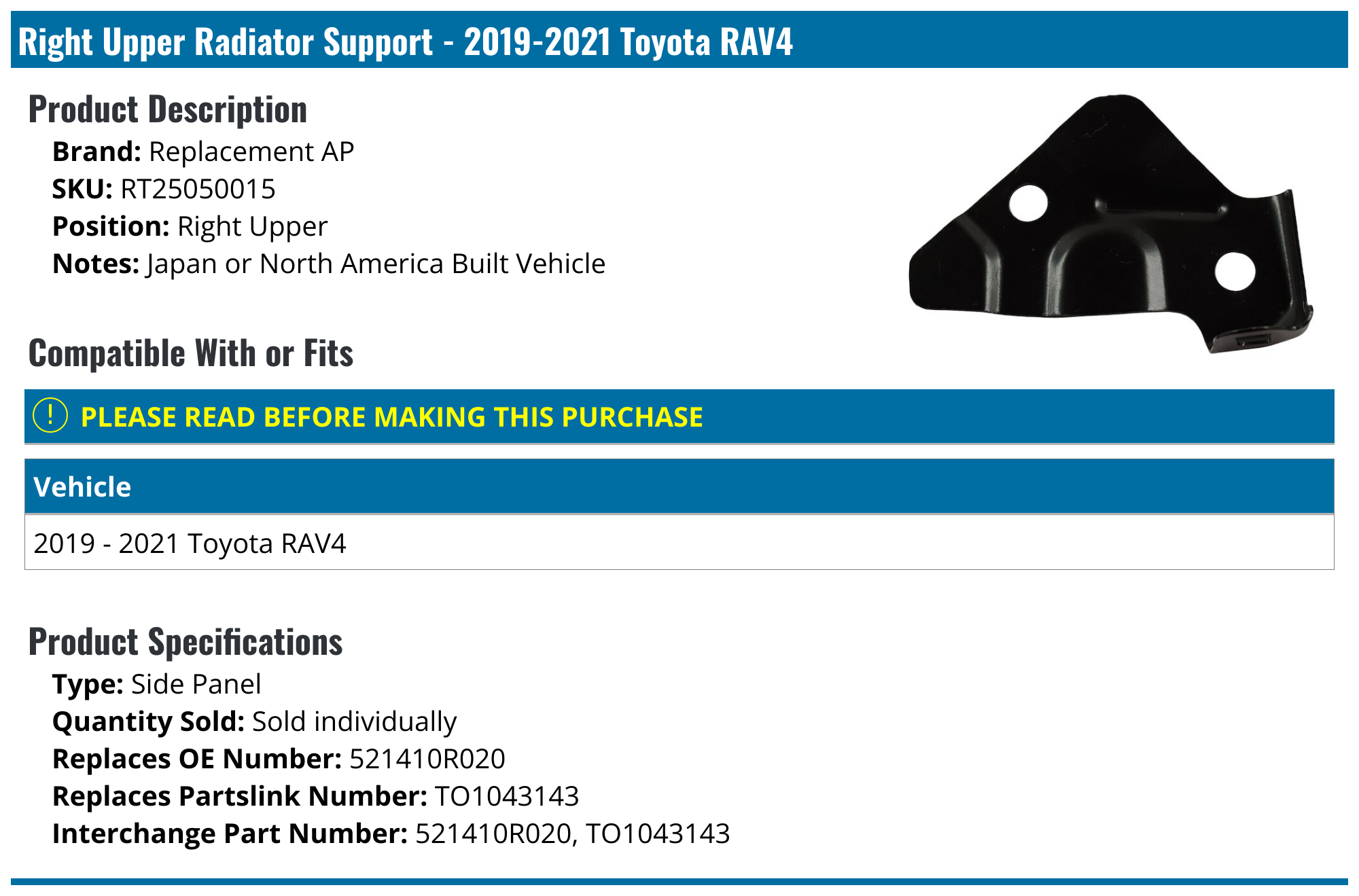 2019-2023 Toyota RAV4 Radiator Support - Replacement AP RT25050015 ...