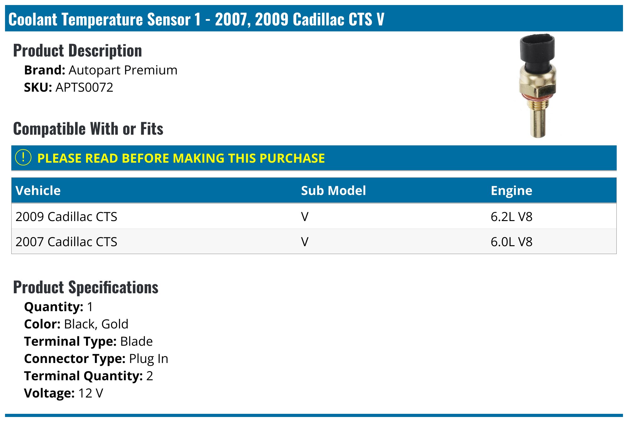 2007, 2009 Cadillac CTS Engine Coolant Temperature Sensor - Autopart ...