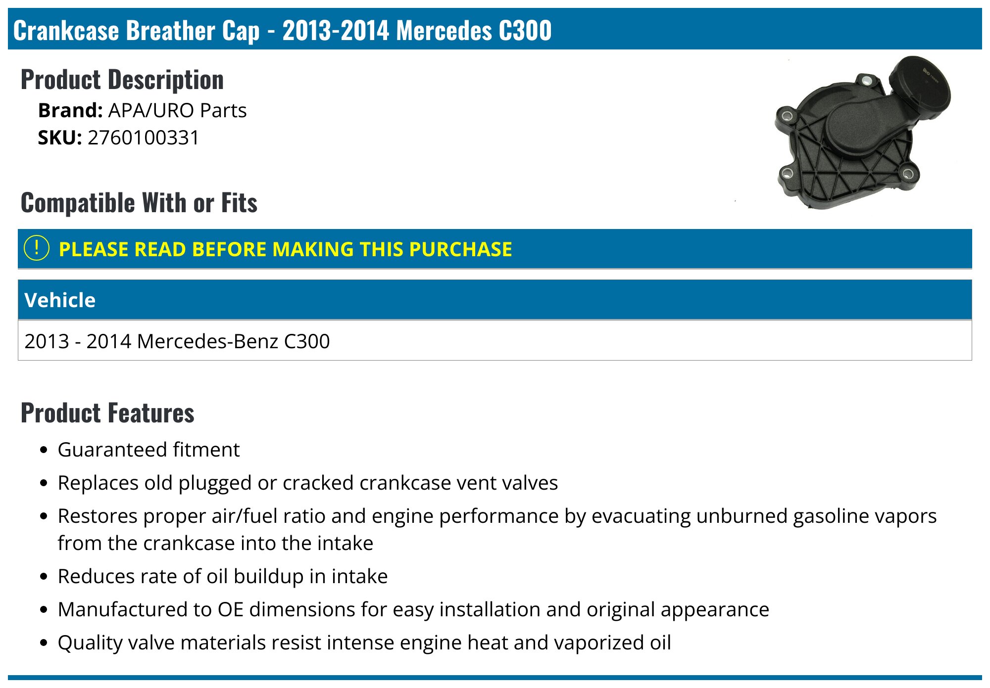2013-2014 Mercedes C300 Crankcase Breather Cap - APA/URO Parts ...
