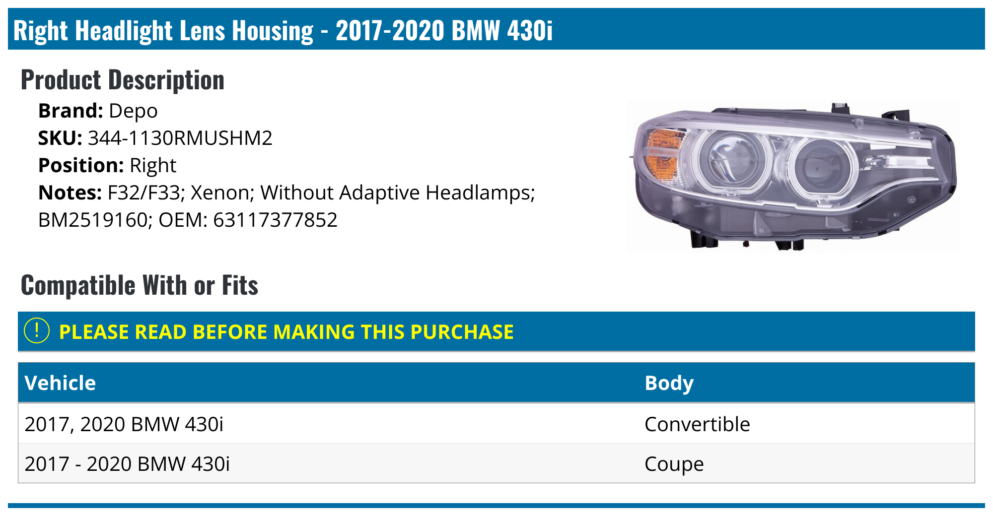 2017-2020 BMW 430i Headlight Assembly - Depo 344-1130RMUSHM2 - Right ...