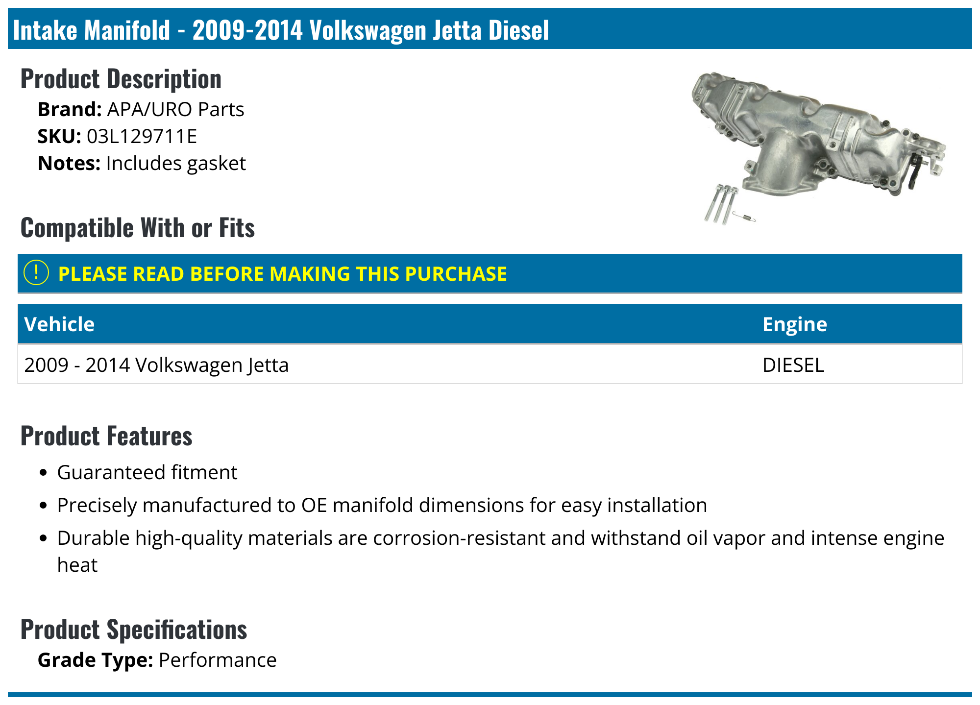 2009-2014 Volkswagen Jetta Intake Manifold - APA/URO Parts 03L129711E ...