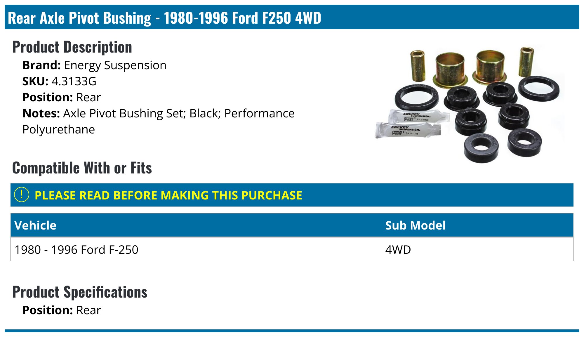 1980-1996 Ford F250 Axle Pivot Bushing - Energy Suspension 4.3133G ...