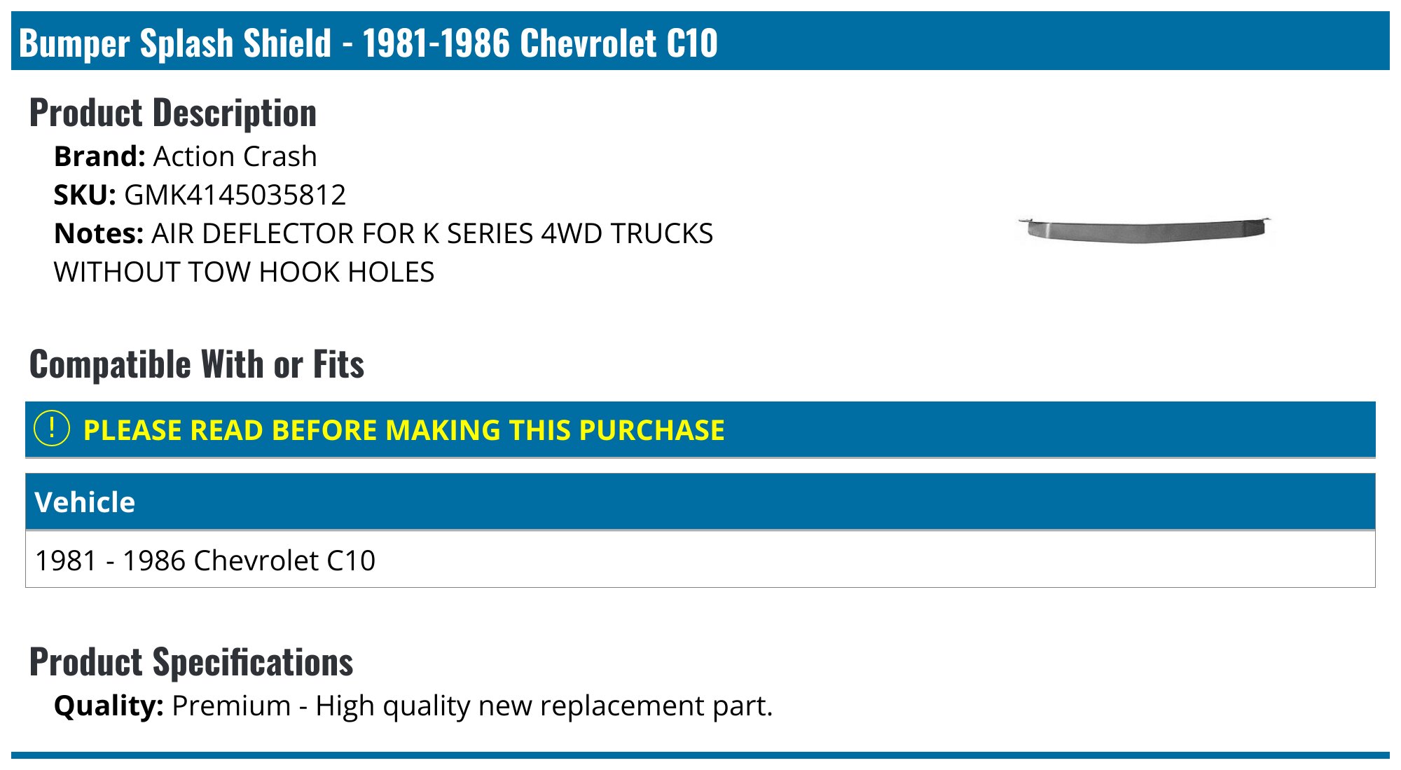 1981-1986 Chevrolet C10 Bumper Splash Shield - Action Crash ...