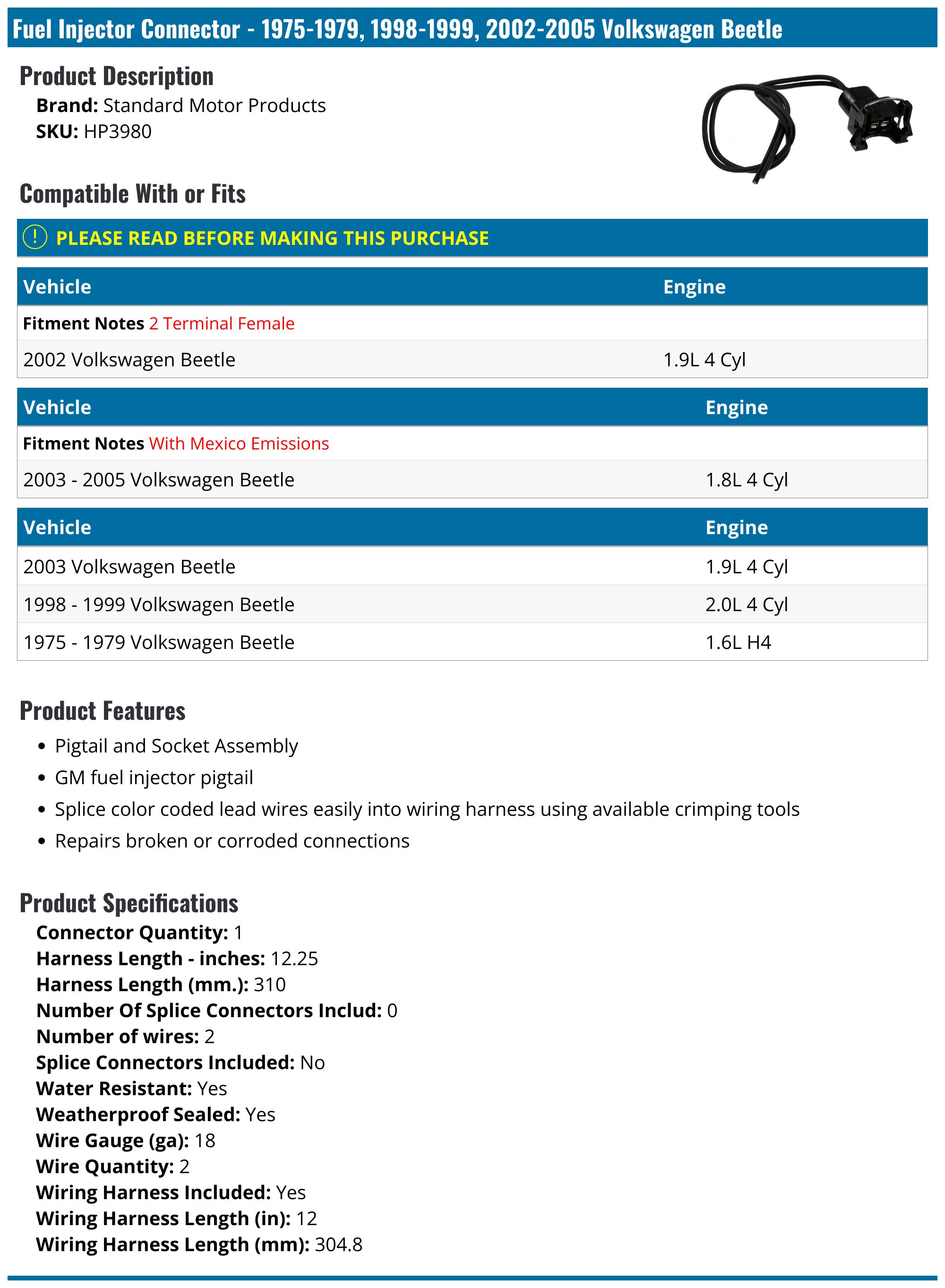 1975-1979, 1998-1999, 2002-2005 Volkswagen Beetle Fuel Injector ...