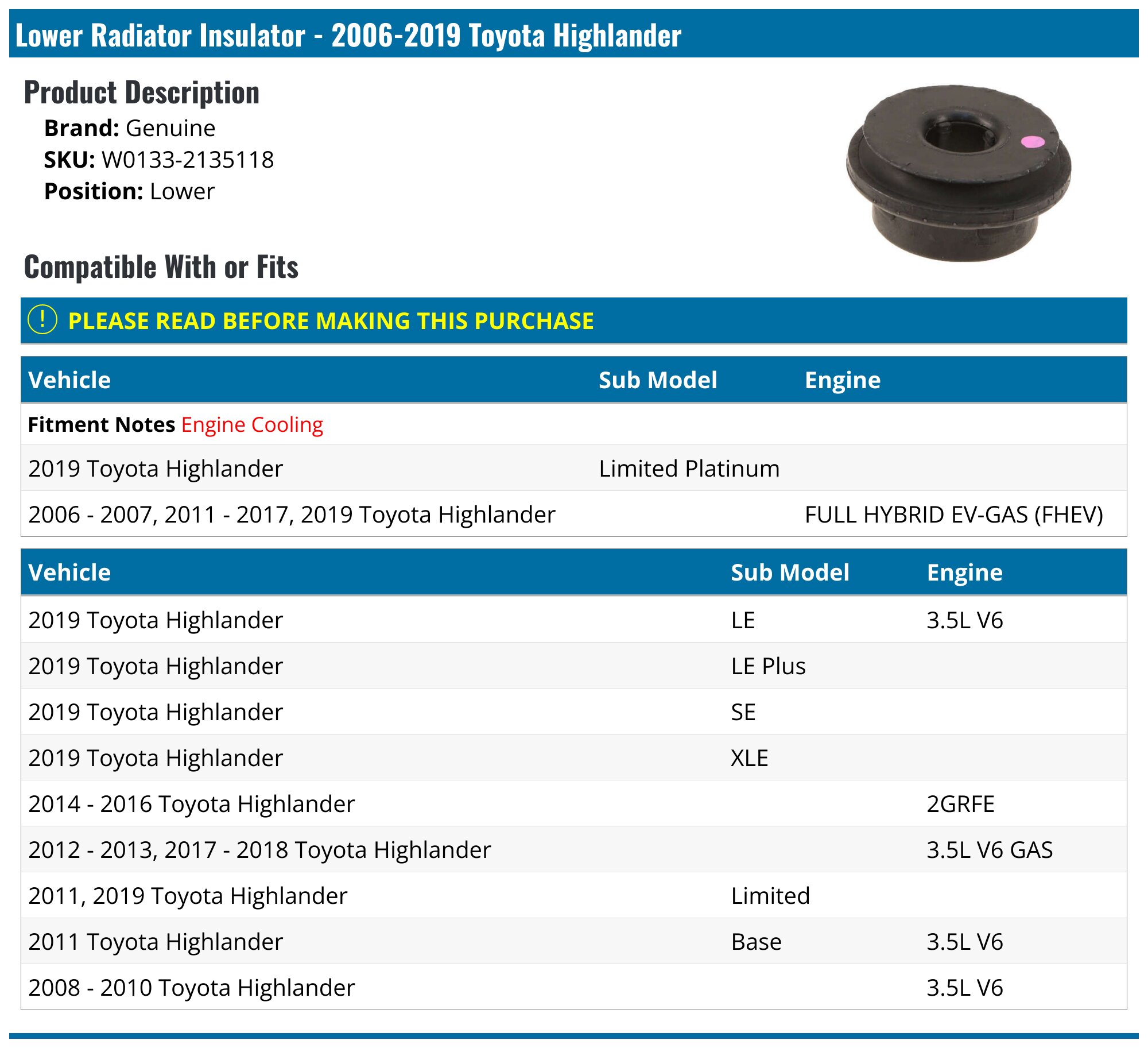2006-2019 Toyota Highlander Radiator Insulator - Genuine W0133-2135118 ...