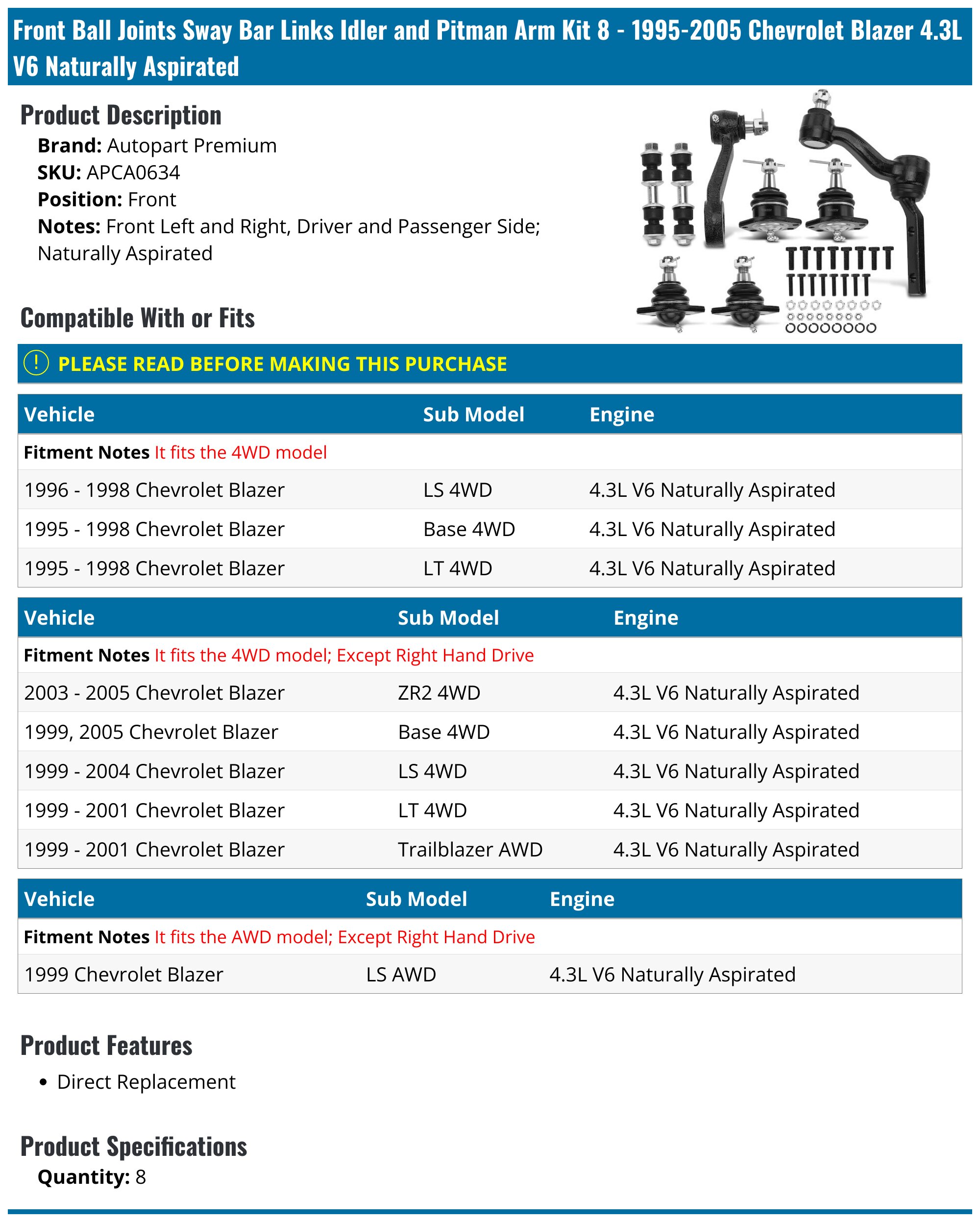 1995-2005 Chevrolet Blazer Ball Joints Sway Bar Links Idler and Pitman ...