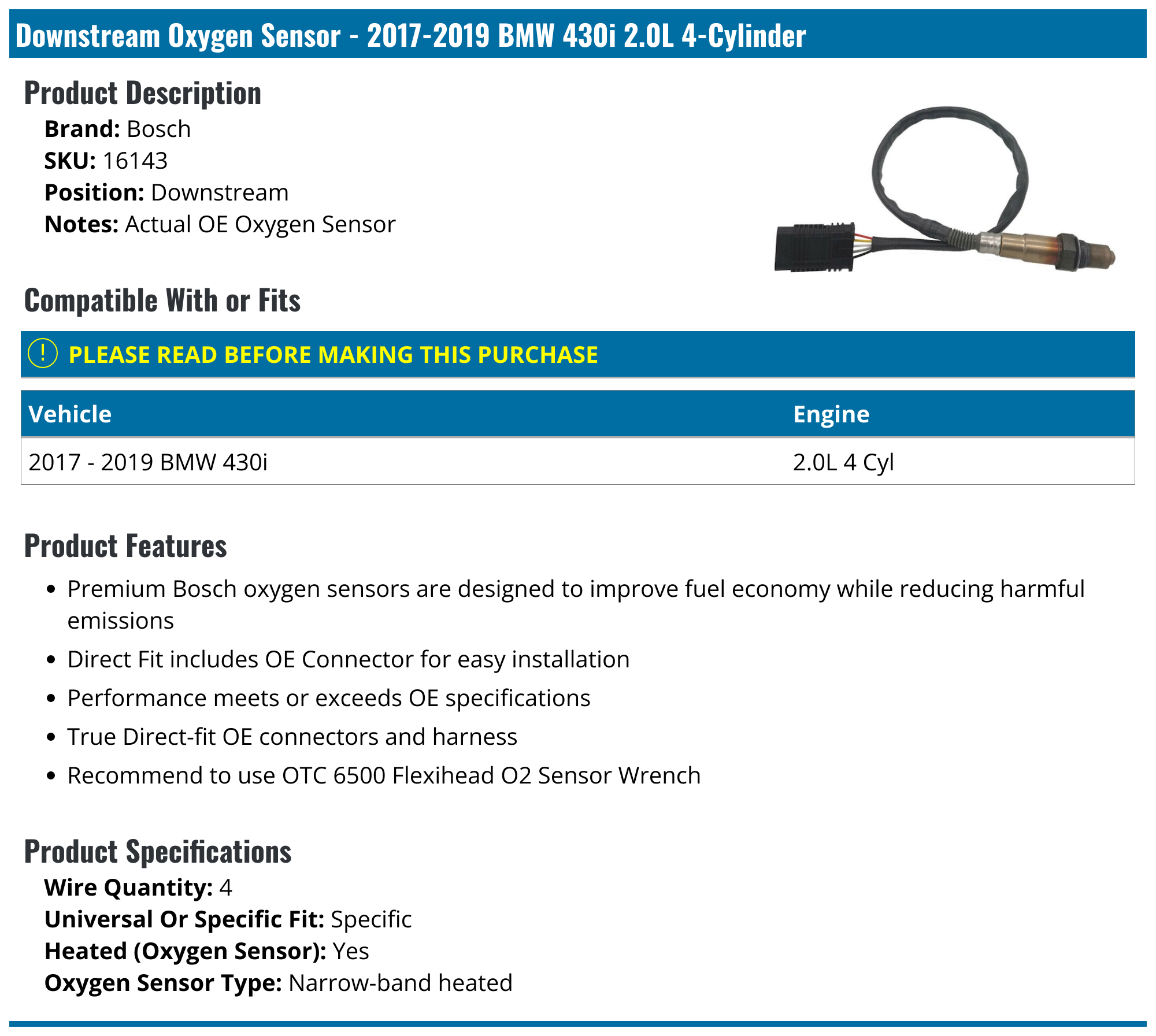 2017-2020 BMW 430i Oxygen Sensor - Bosch 16143 - Downstream - PartsGeek.com