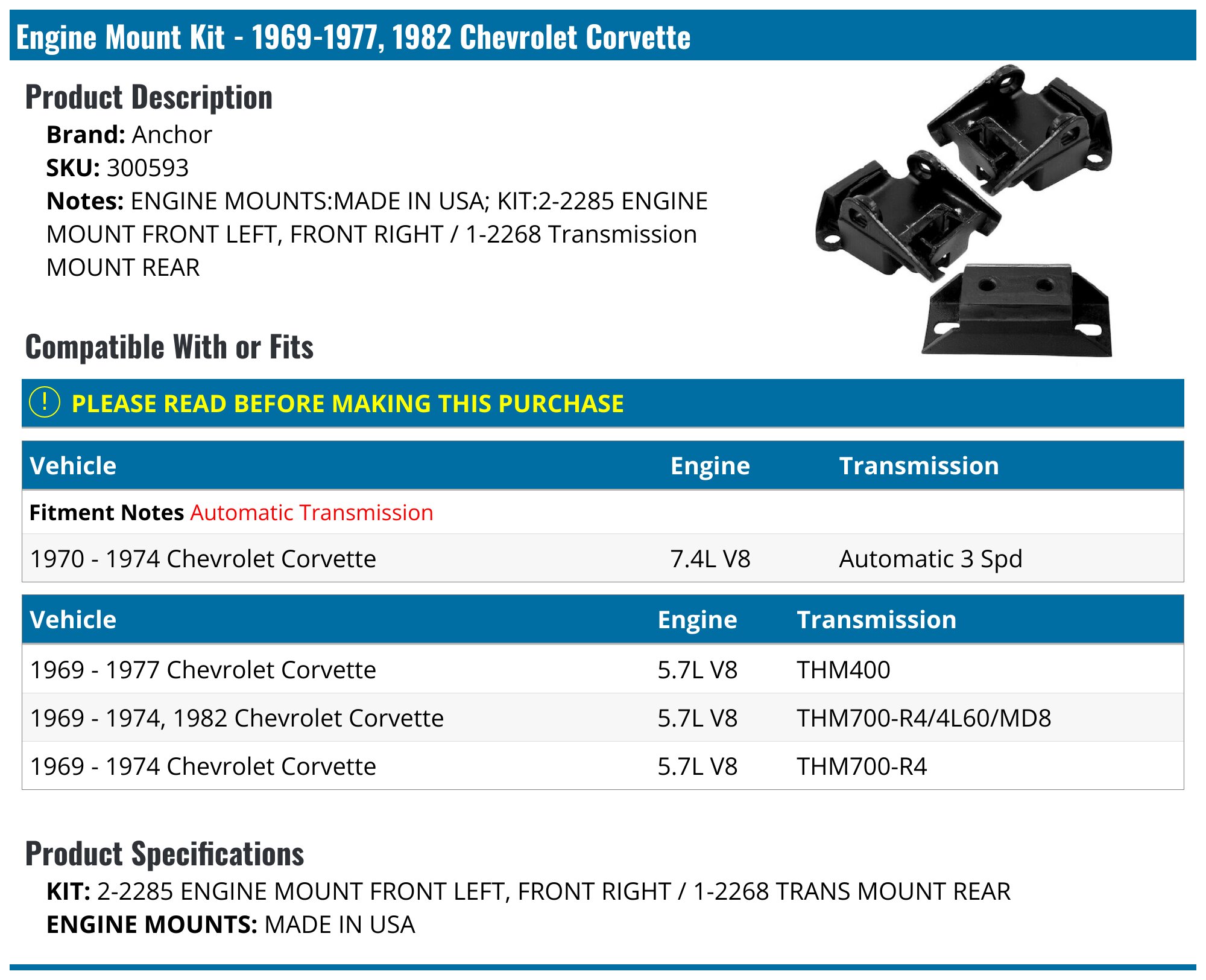 1966-1967, 1969-1977, 1982 Chevrolet Corvette Engine Mount - Anchor ...