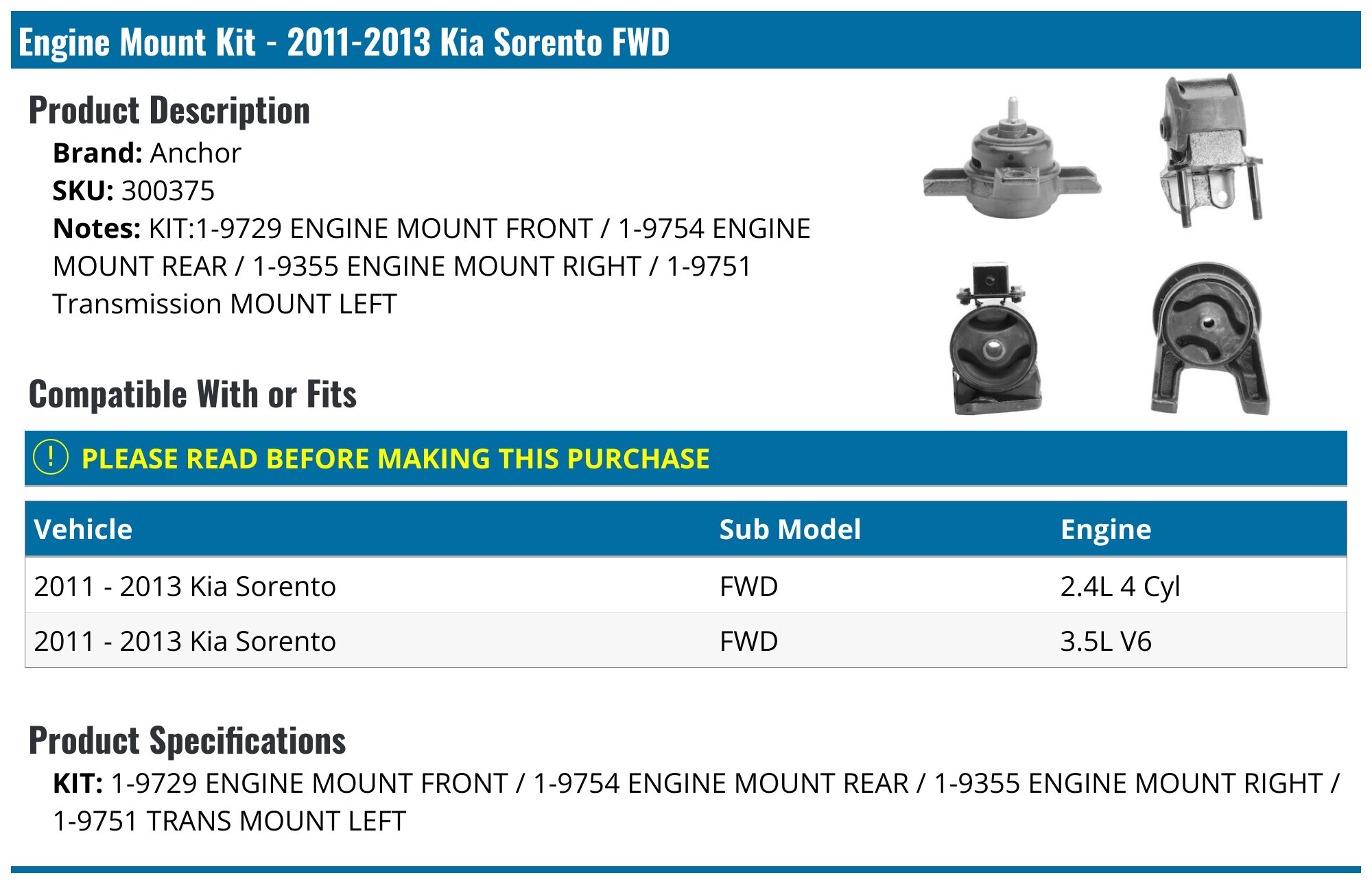2011-2013 Kia Sorento Engine Mount - Anchor 300375 - PartsGeek.com