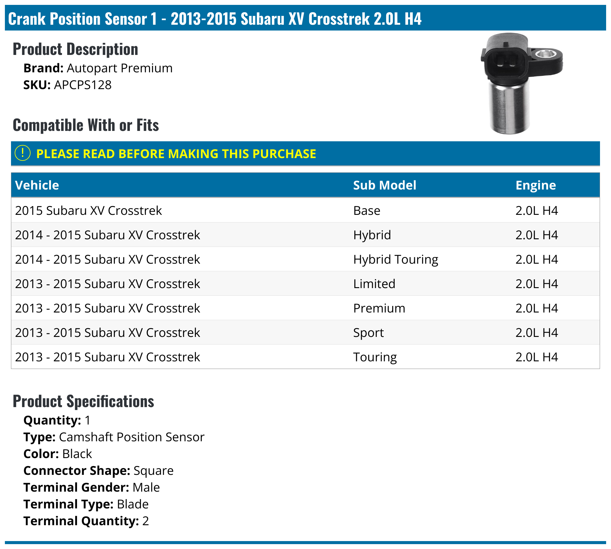 2013-2015 Subaru XV Crosstrek Crank Position Sensor - Autopart Premium ...