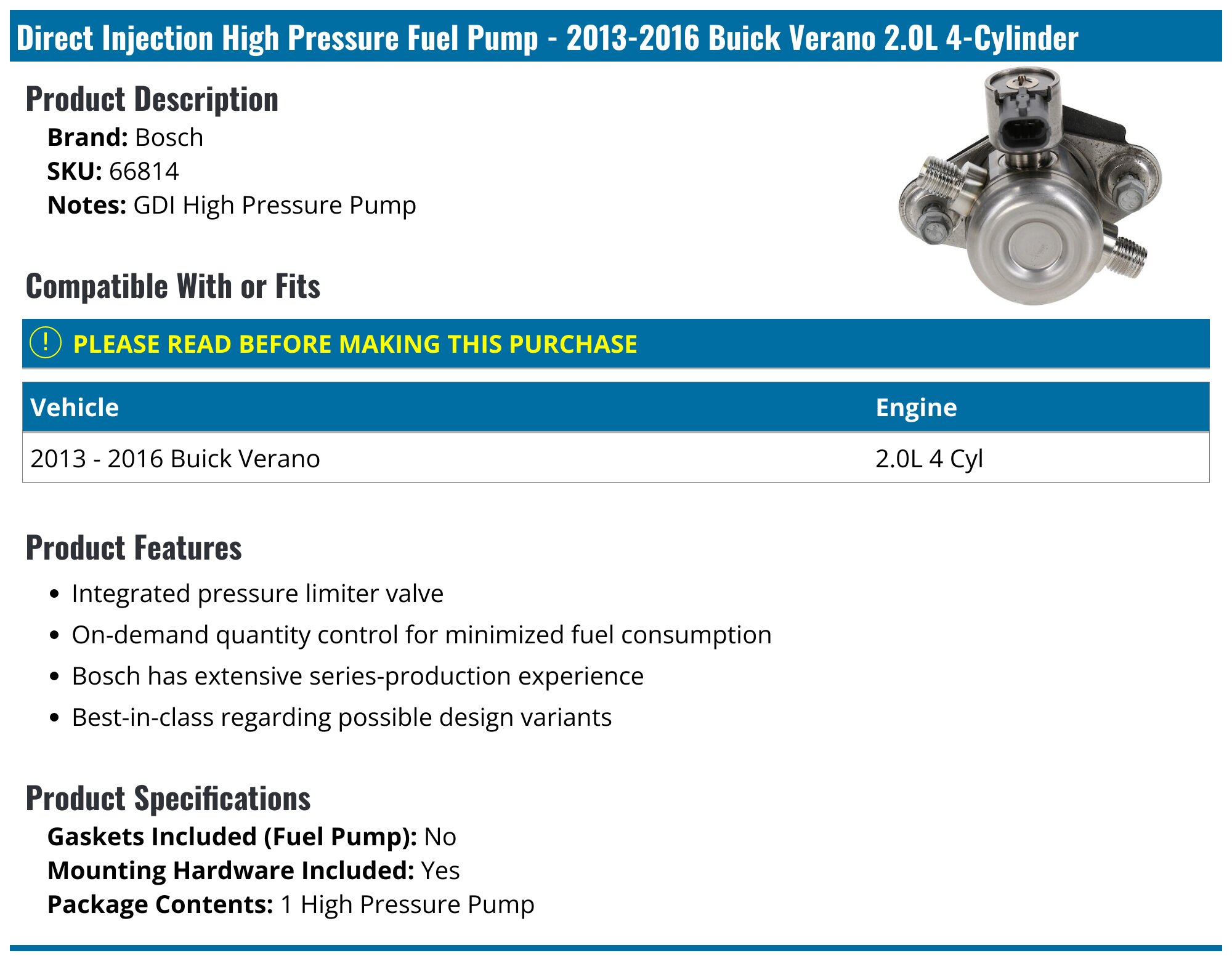 2013-2016 Buick Verano Fuel Pump - Bosch 66814 - PartsGeek.com
