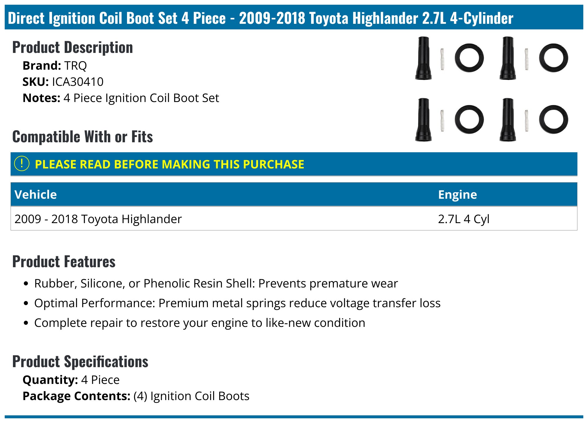 2009-2018 Toyota Highlander Direct Ignition Coil Boot - TRQ ICA30410 ...