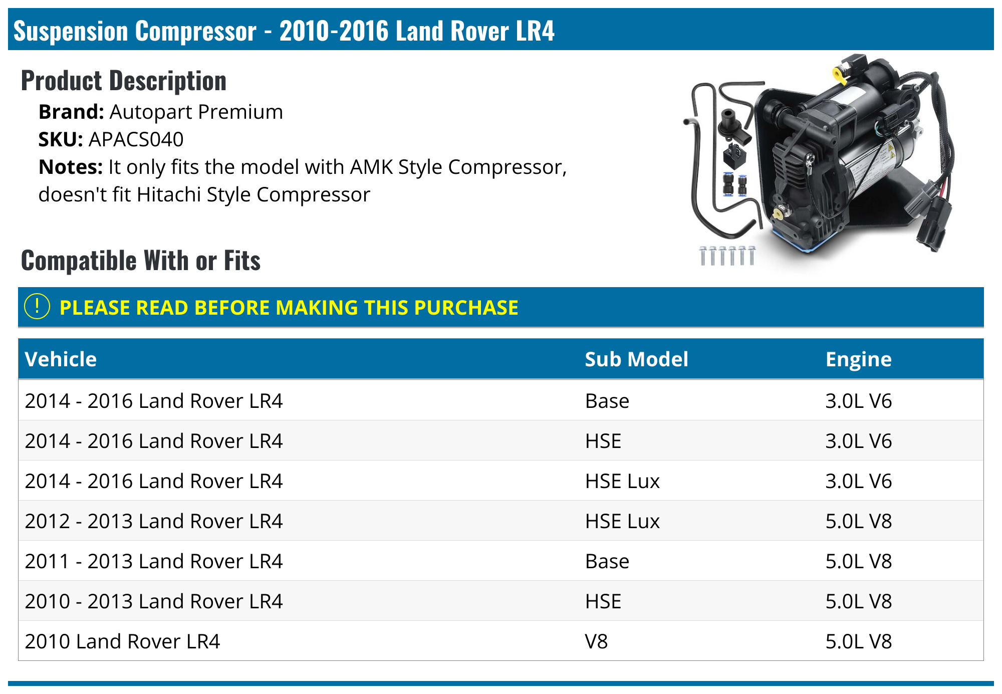 2010-2016 Land Rover LR4 Suspension Compressor - Autopart Premium ...