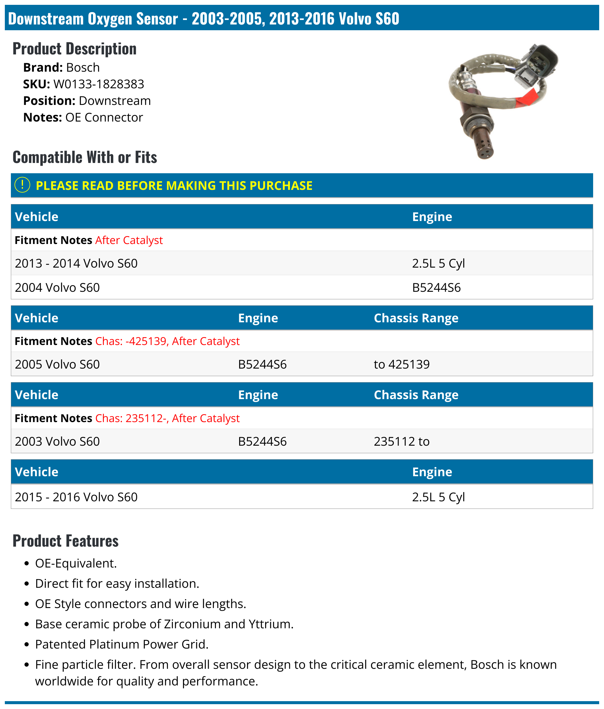 2013-2016 Volvo S60 Oxygen Sensor - Bosch W0133-1828383 - Downstream ...