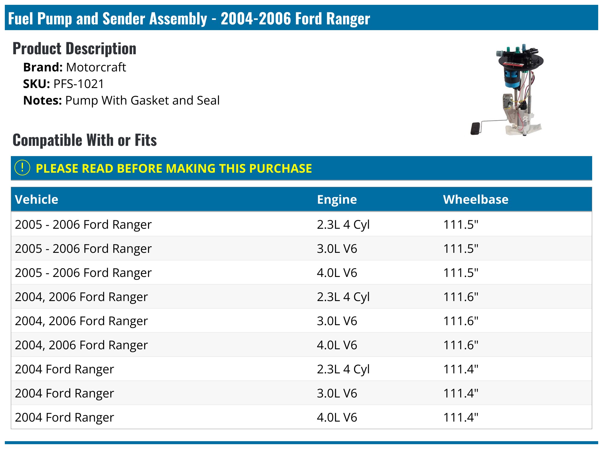 2004-2006 Ford Ranger Fuel Pump - Motorcraft PFS-1021 - PartsGeek.com